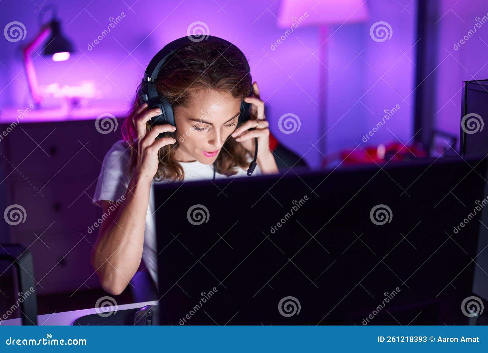 Young Beautiful Hispanic Woman Streamer Playing Video Game Using ...