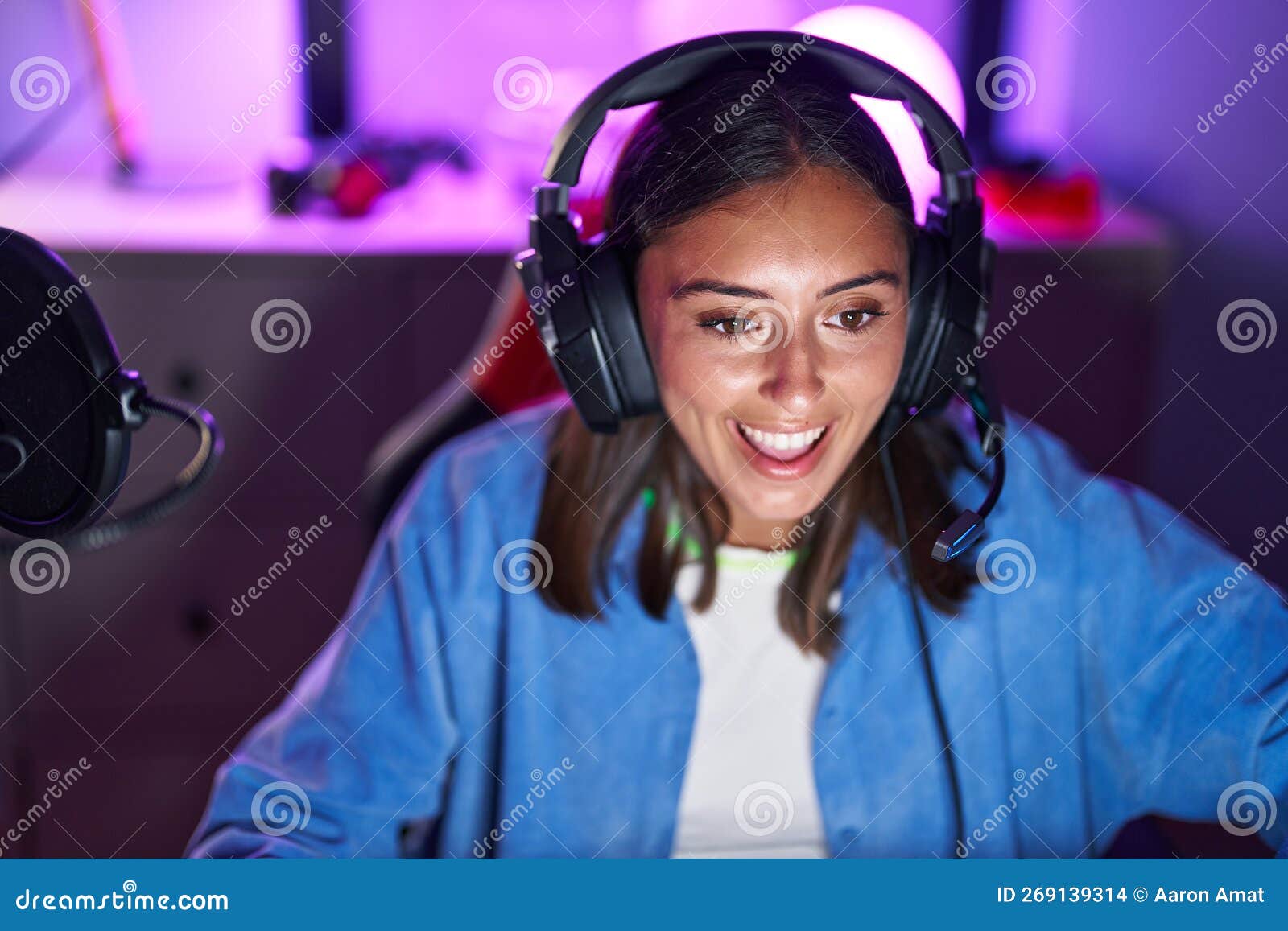 Young Beautiful Hispanic Woman Streamer Playing Video Game Using ...