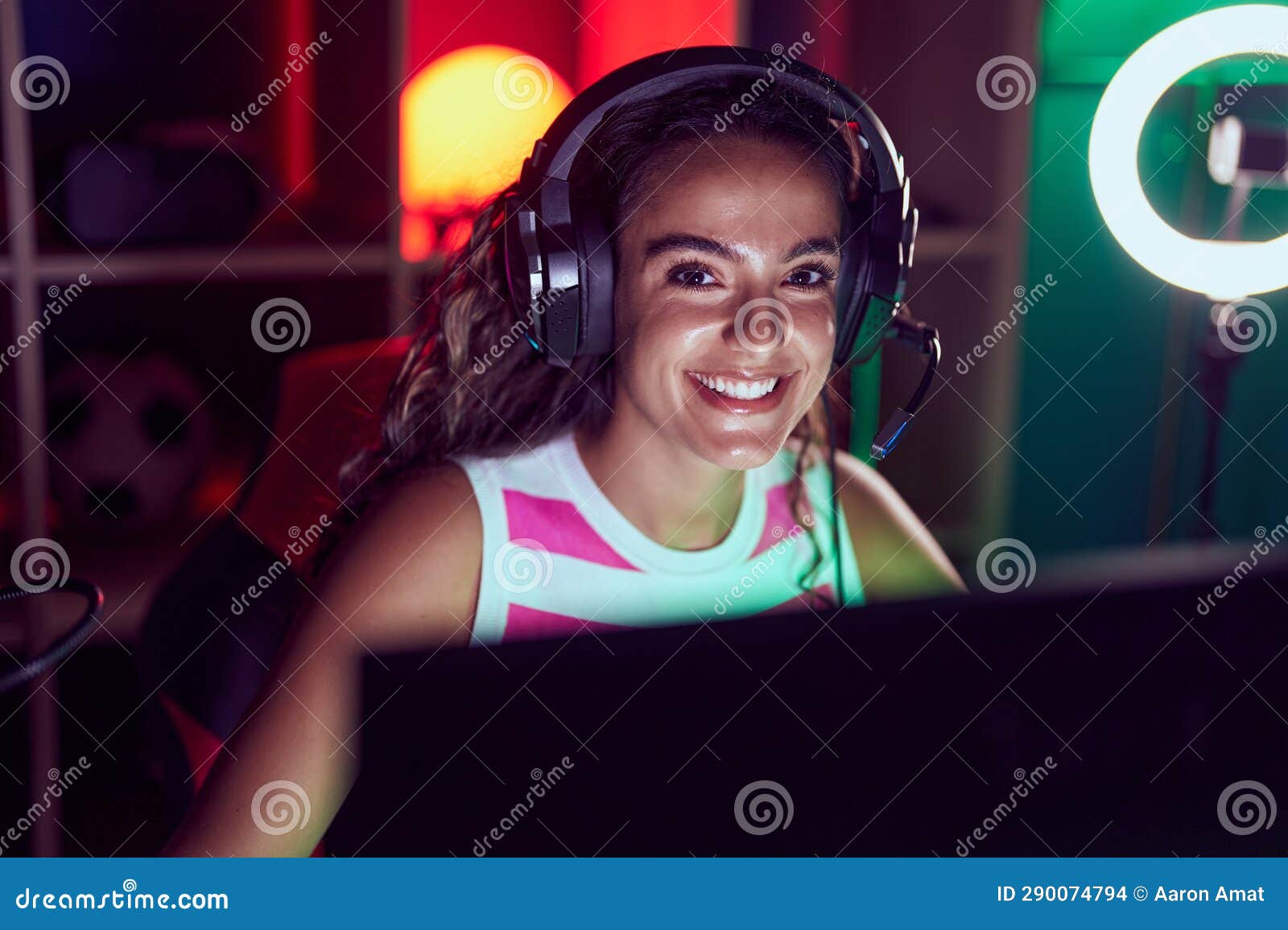 Young Beautiful Hispanic Woman Streamer Playing Video Game Using ...