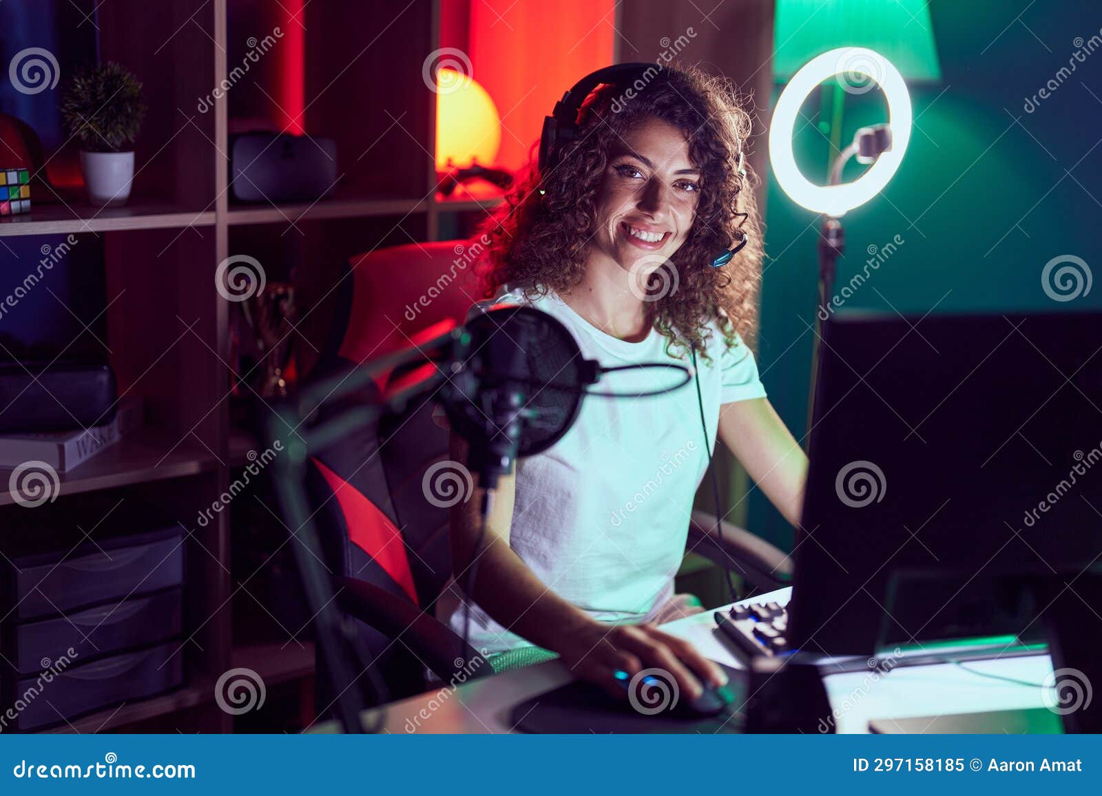 Young Beautiful Hispanic Woman Streamer Playing Video Game Using ...