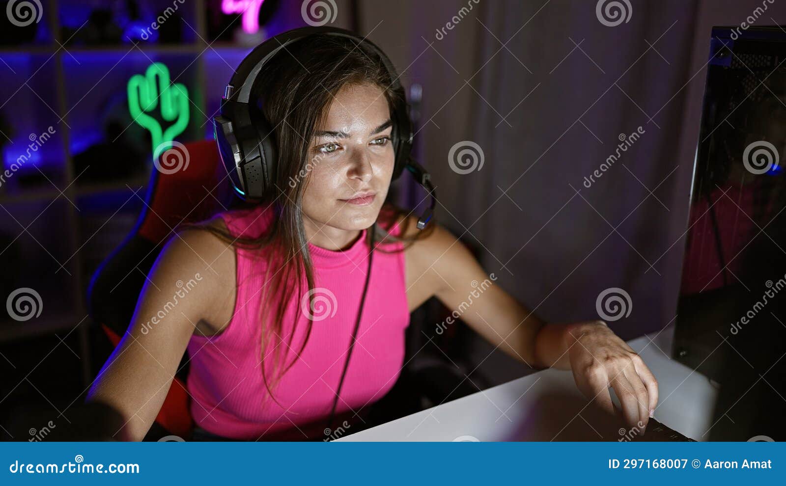 Young Beautiful Hispanic Woman Streamer Playing Video Game Using ...