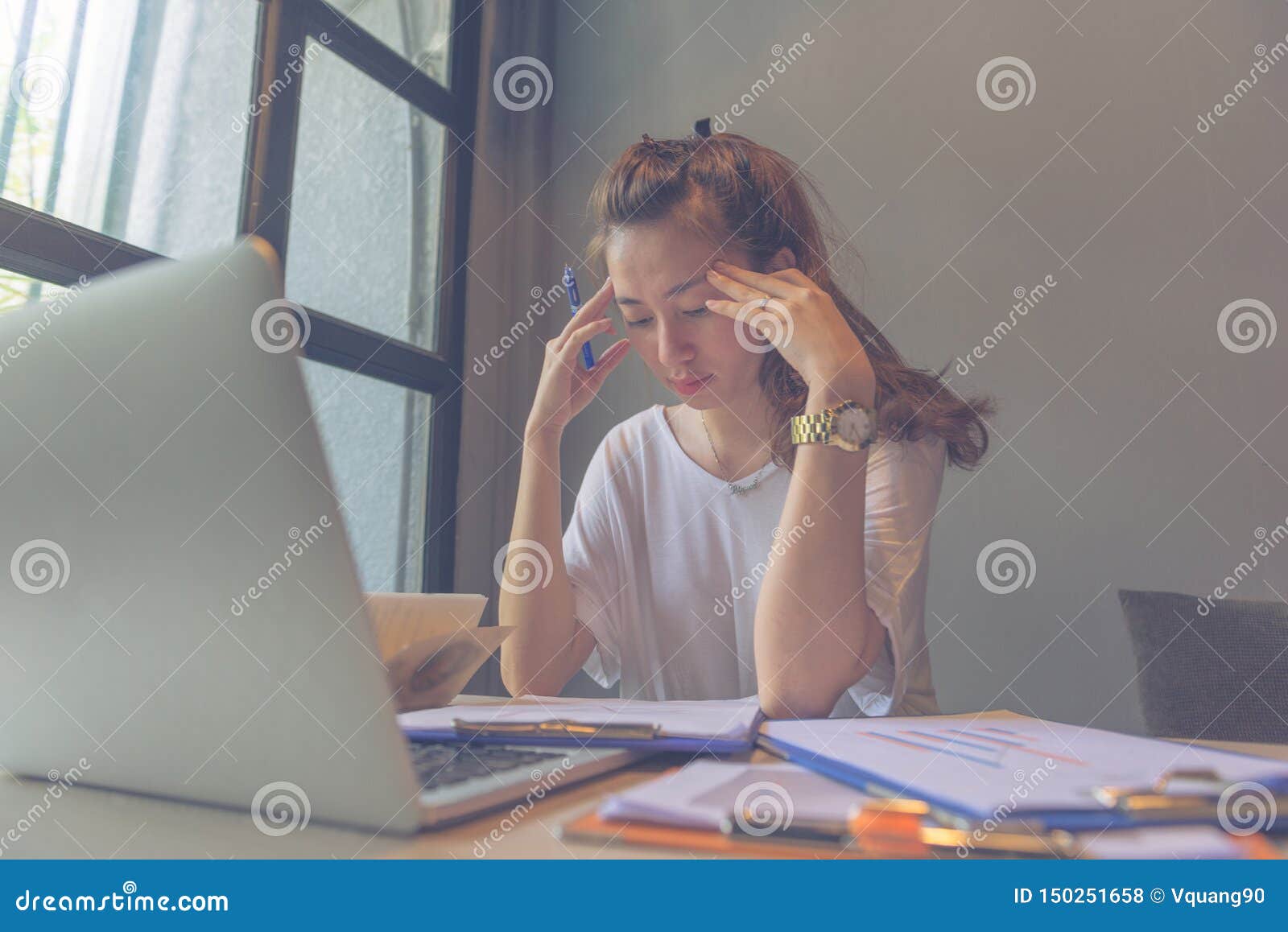 Young Beautiful Lady Focus on Reading Documents while Working Stock ...