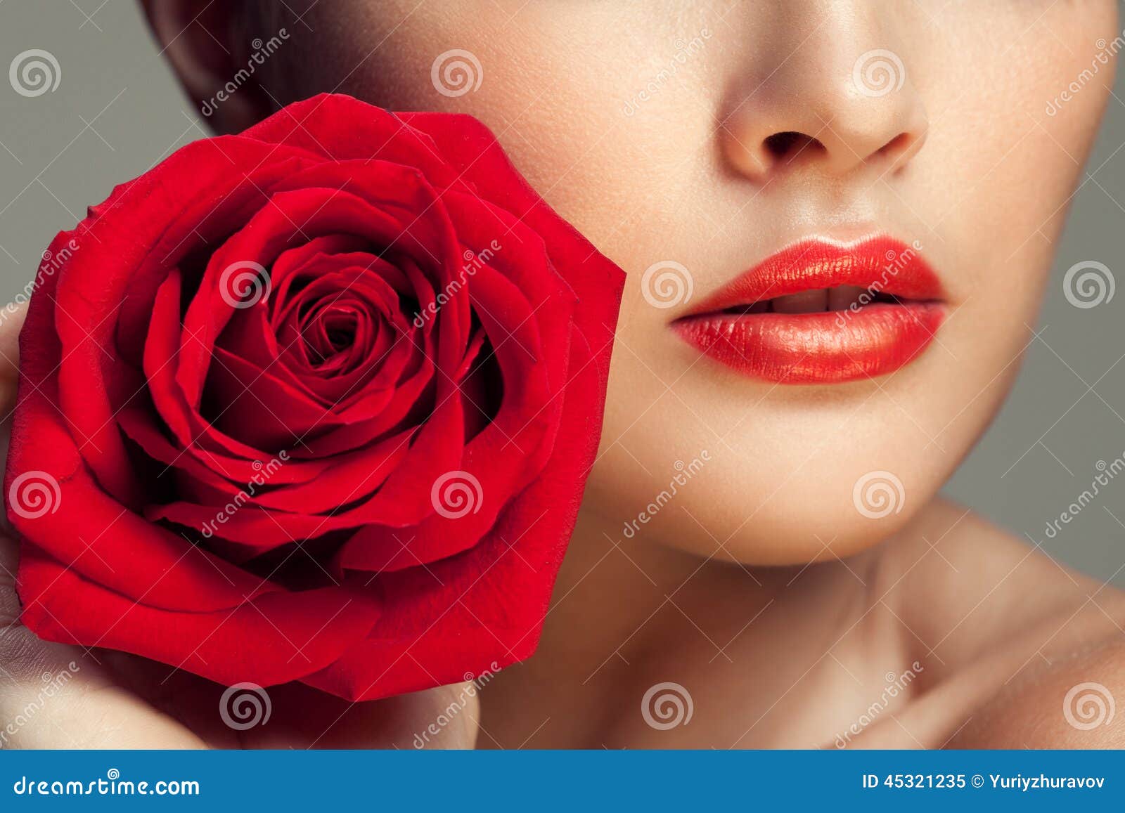 Young Beautiful Model with Red Rose Near Lips Stock Image - Image of ...