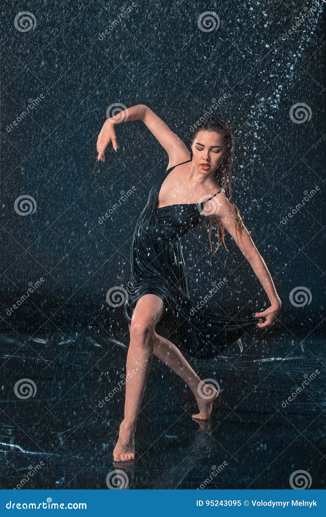 The Young Beautiful Modern Dancer Dancing Under Water Drops Stock Image ...