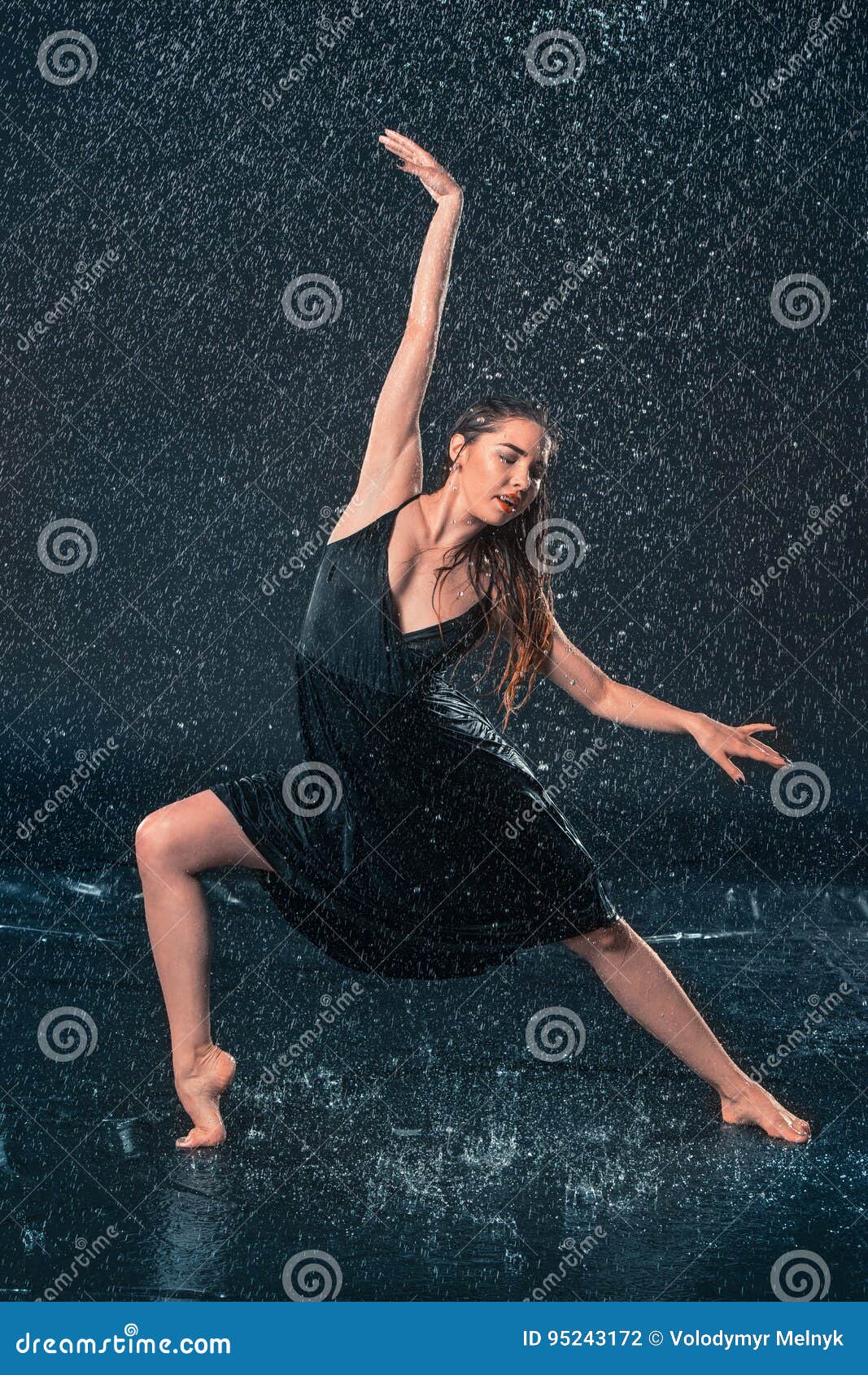The Young Beautiful Modern Dancer Dancing Under Water Drops Stock Photo ...