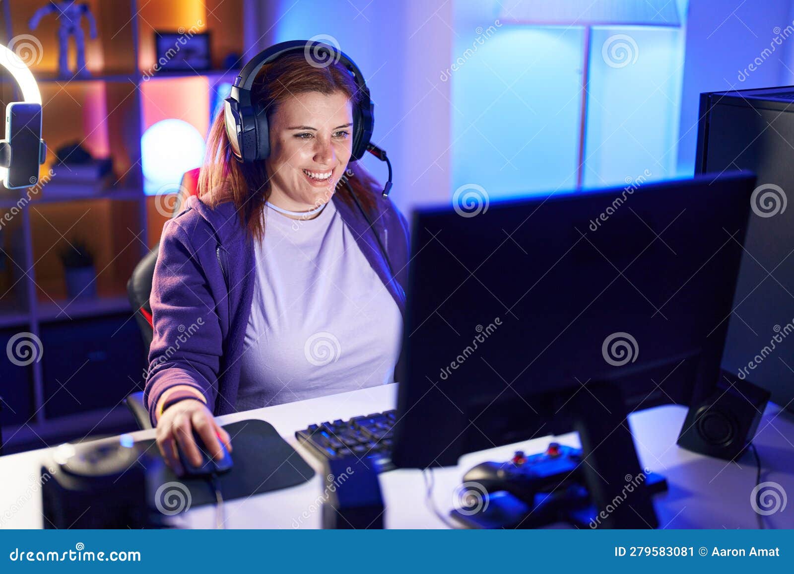 Young Beautiful Plus Size Woman Streamer Playing Video Game Using ...