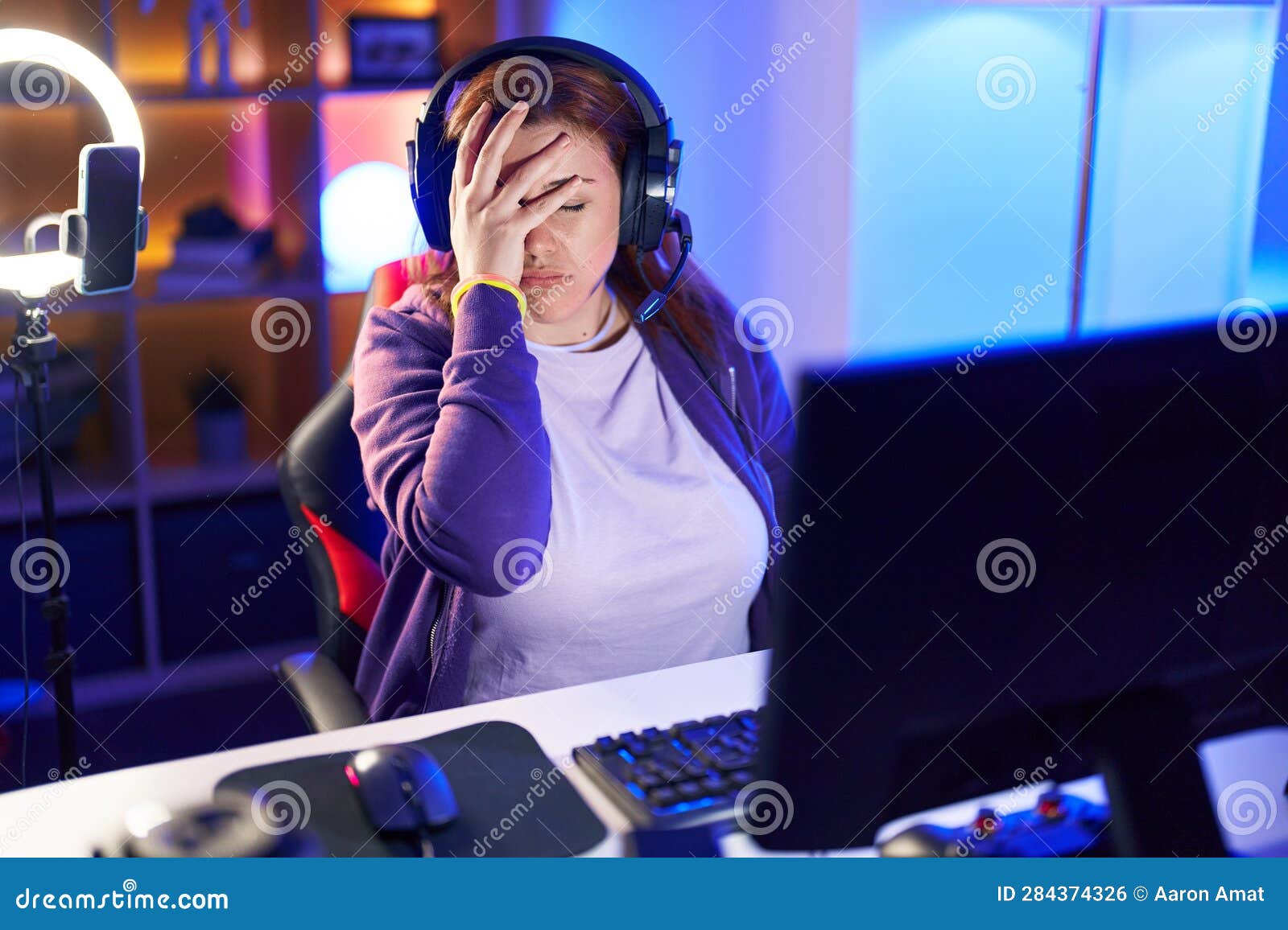 Young Beautiful Plus Size Woman Streamer Stressed Using Computer at ...