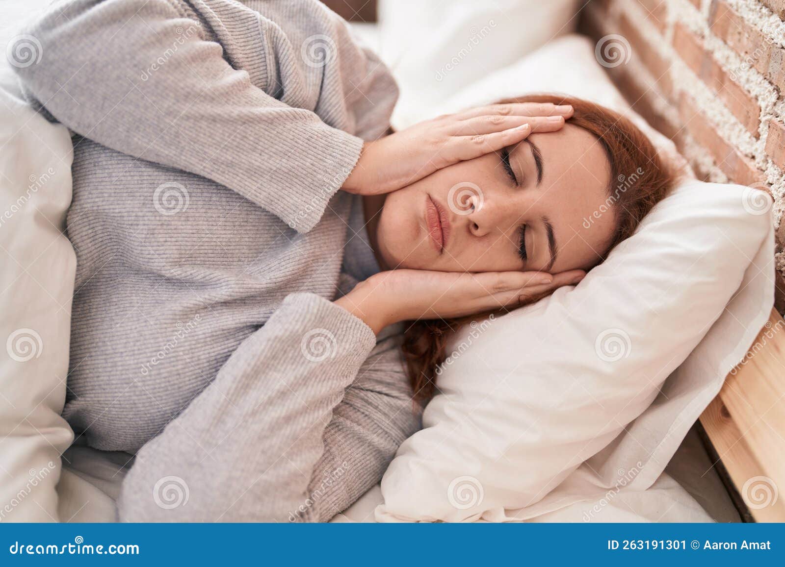 Young Beautiful Plus Size Woman Stressed Lying on Bed at Bedroom Stock ...