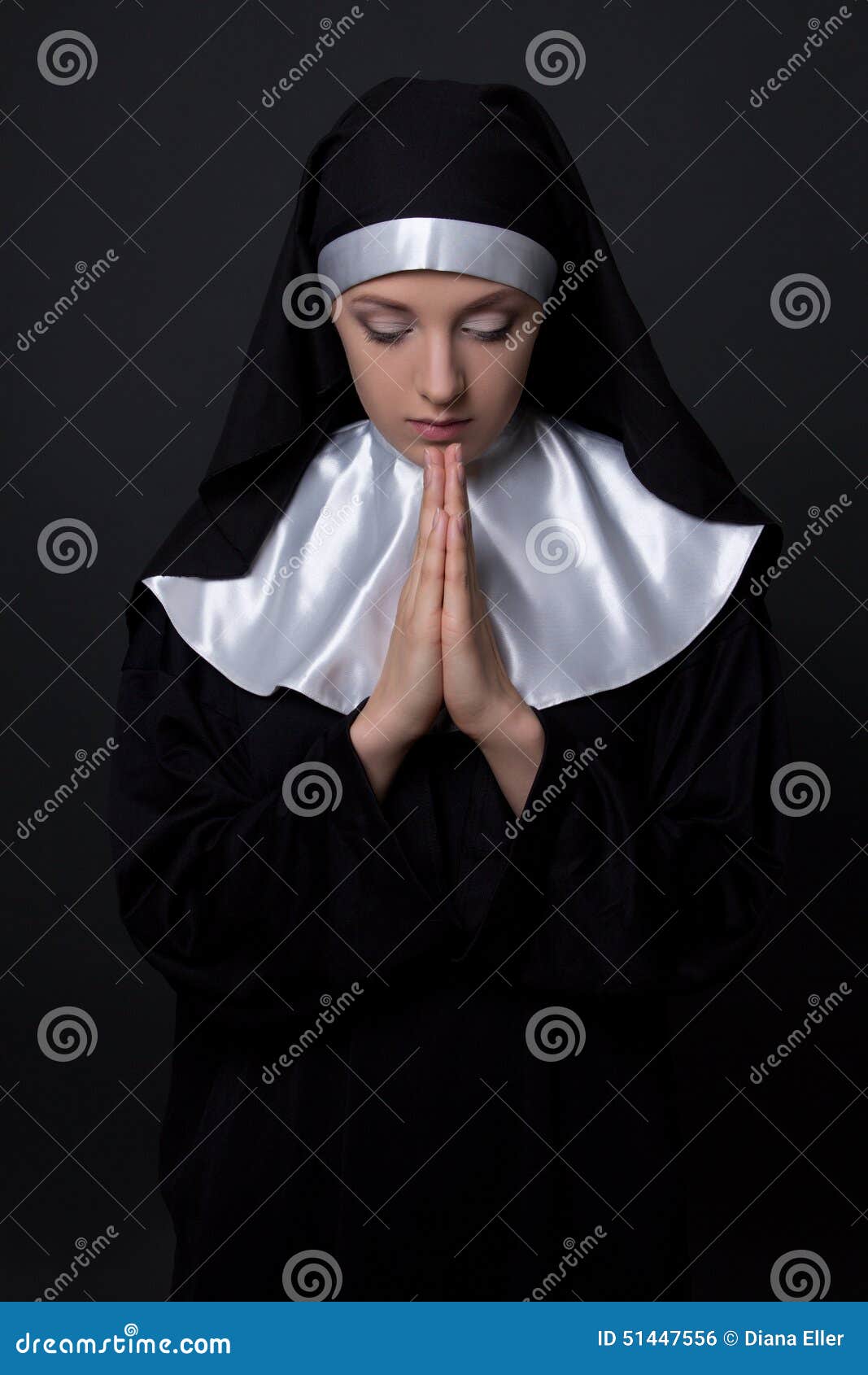 Young Beautiful Praying Nun Over Grey Stock Photo - Image of female ...