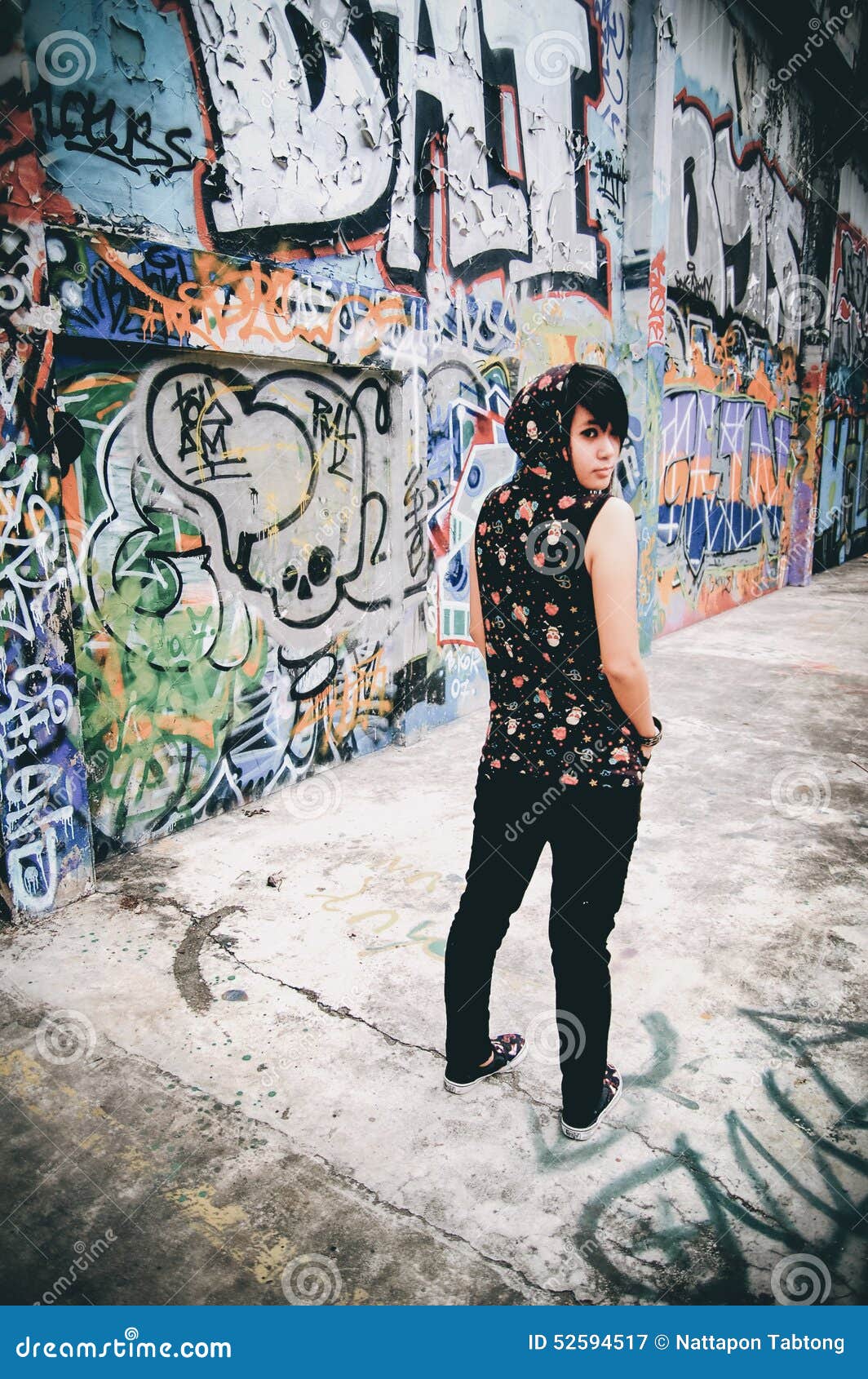 Young Beautiful Punk Emo Coat with Hood Background Graffiti Stock Image ...