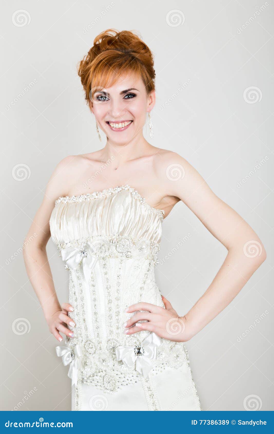 Young and Beautiful Redhead Bride Dressed Wedding Dress Posing in ...