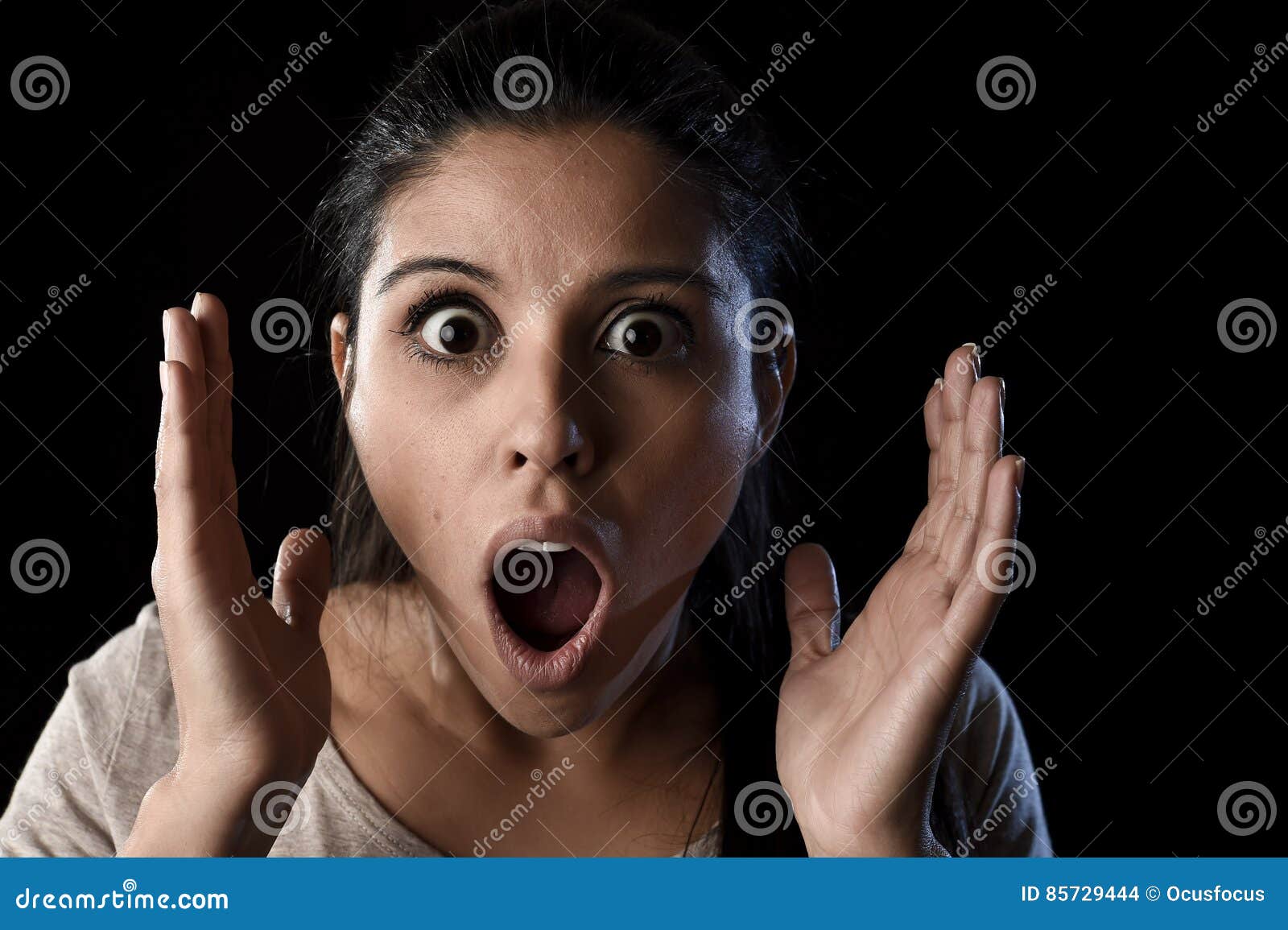 Young Beautiful Scared Spanish Woman In Shock And Surprise Face