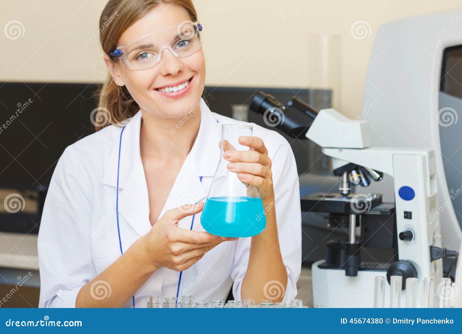Beautiful Scientist Sitting With Microscope At Desk Stock Photography ...