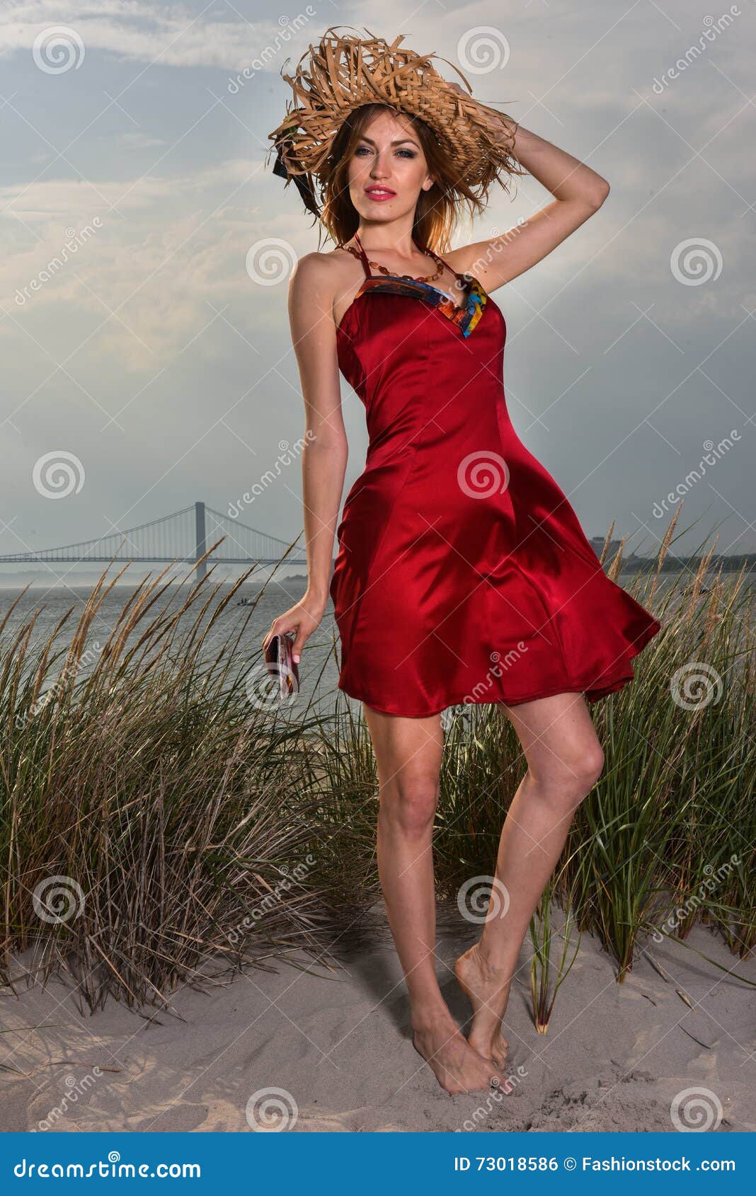 Young Beautiful Blonde Woman Wearing Straw Hat And Elegant Red Dress