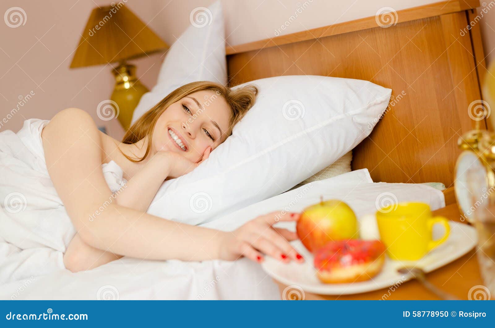 Young Beautiful Smiling Lady Waking Up and Having Stock Photo - Image ...