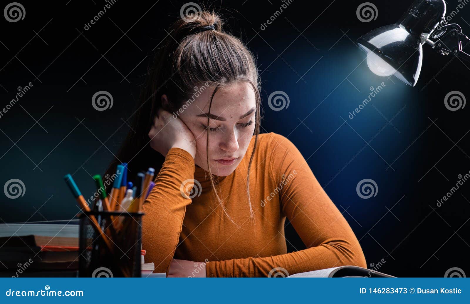 Young Beautiful but Stressed Student Girl Studying for Hard Exam Stock ...