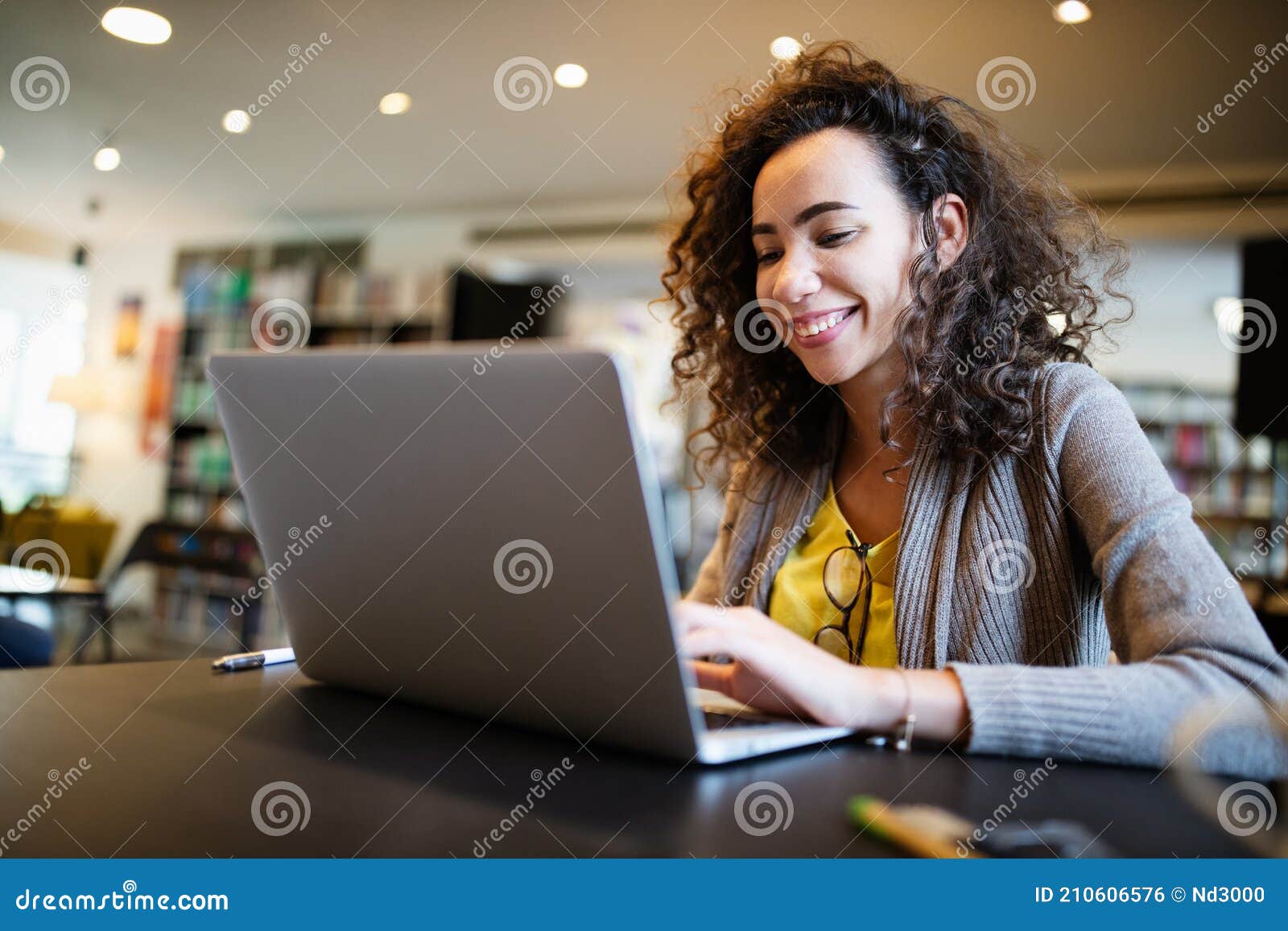 Young Beautiful Student Girl Working, Learning in College Library Stock ...