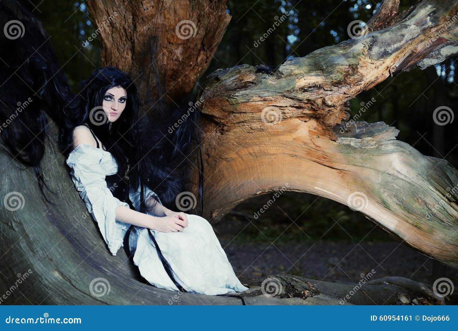 Young Beautiful Witch with Long Dark Hair in Root of Old Tree Stock ...