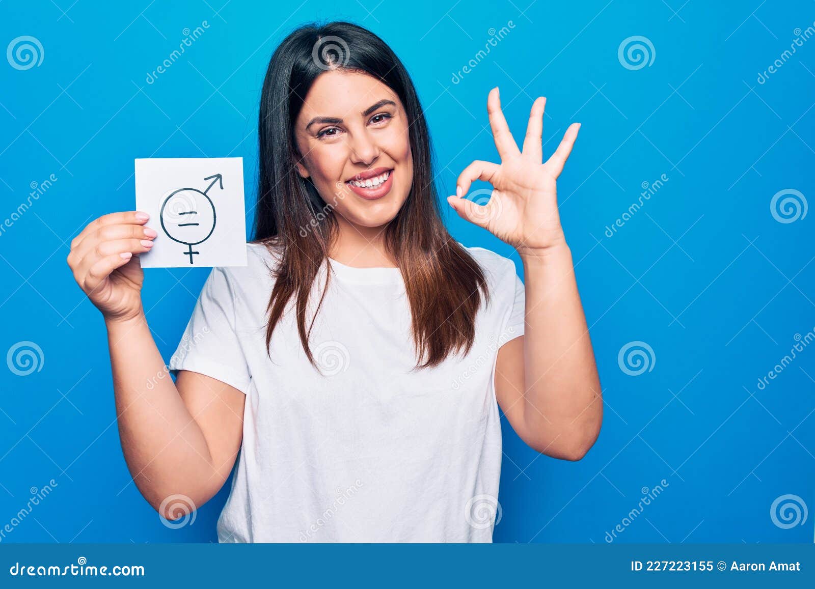 Young Beautiful Woman Asking For Sex Discrimination Holding Paper With