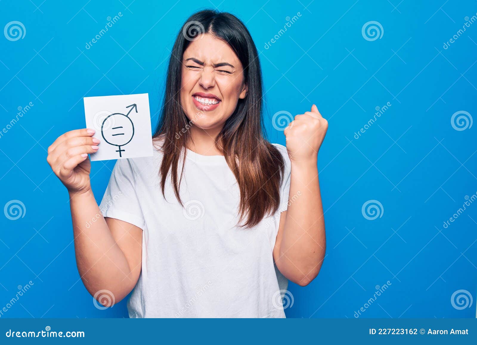 Young Beautiful Woman Asking For Sex Discrimination Holding Paper With