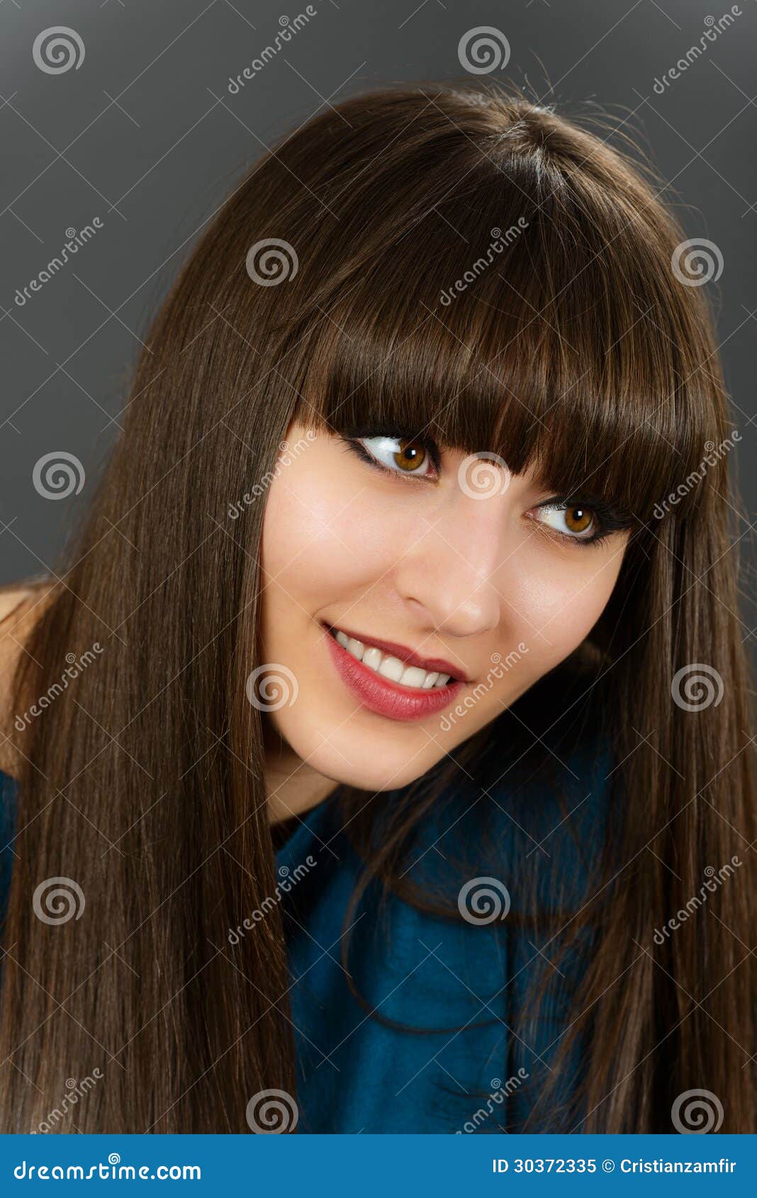 Young Beautiful Woman with Bangs in Studio Stock Image - Image of lips ...