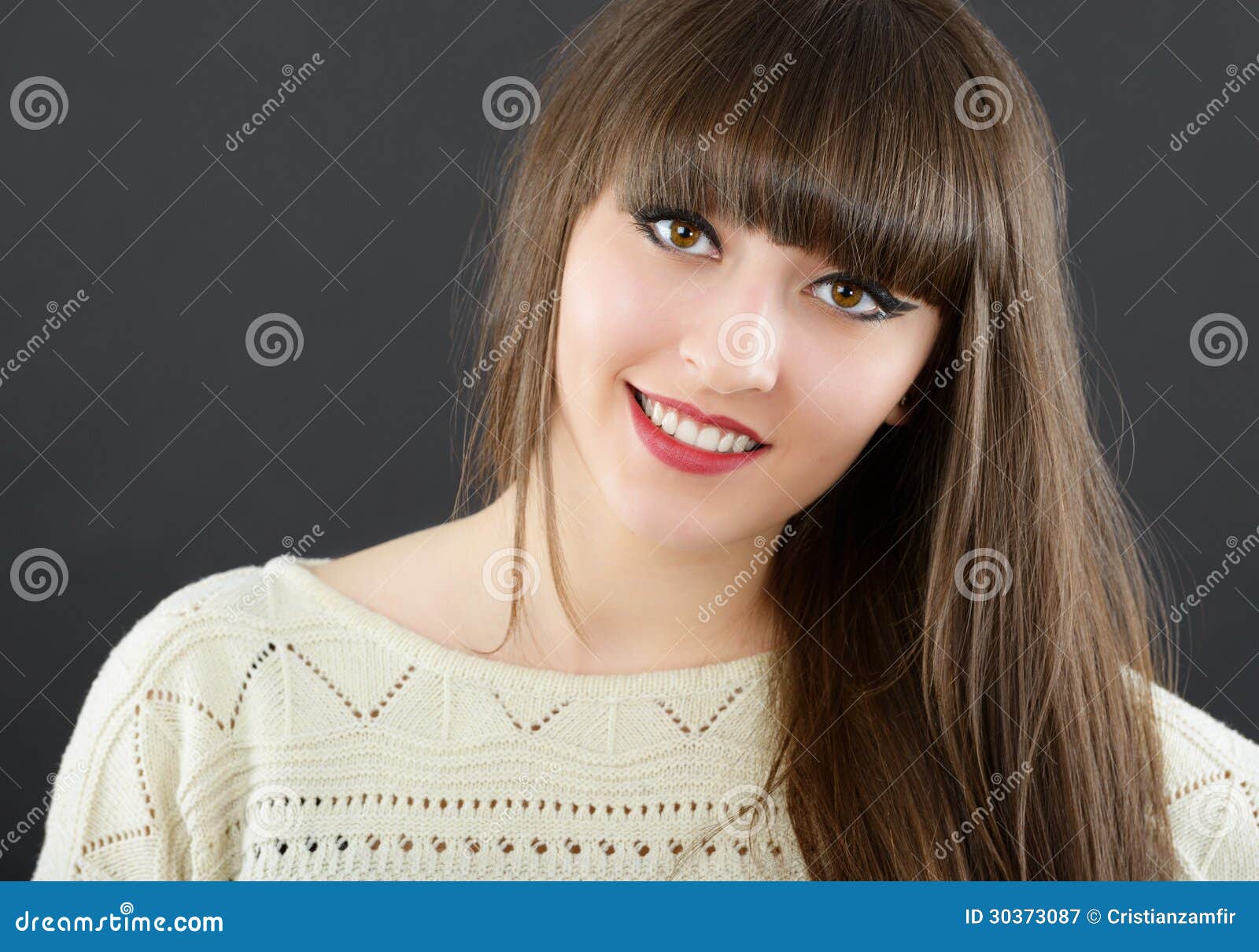 A Young Beautiful Woman with Bangs in Studio Stock Image - Image of ...