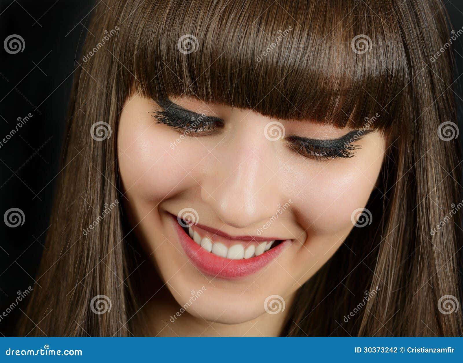 A Young Beautiful Woman with Bangs in Studio Stock Photo - Image of ...