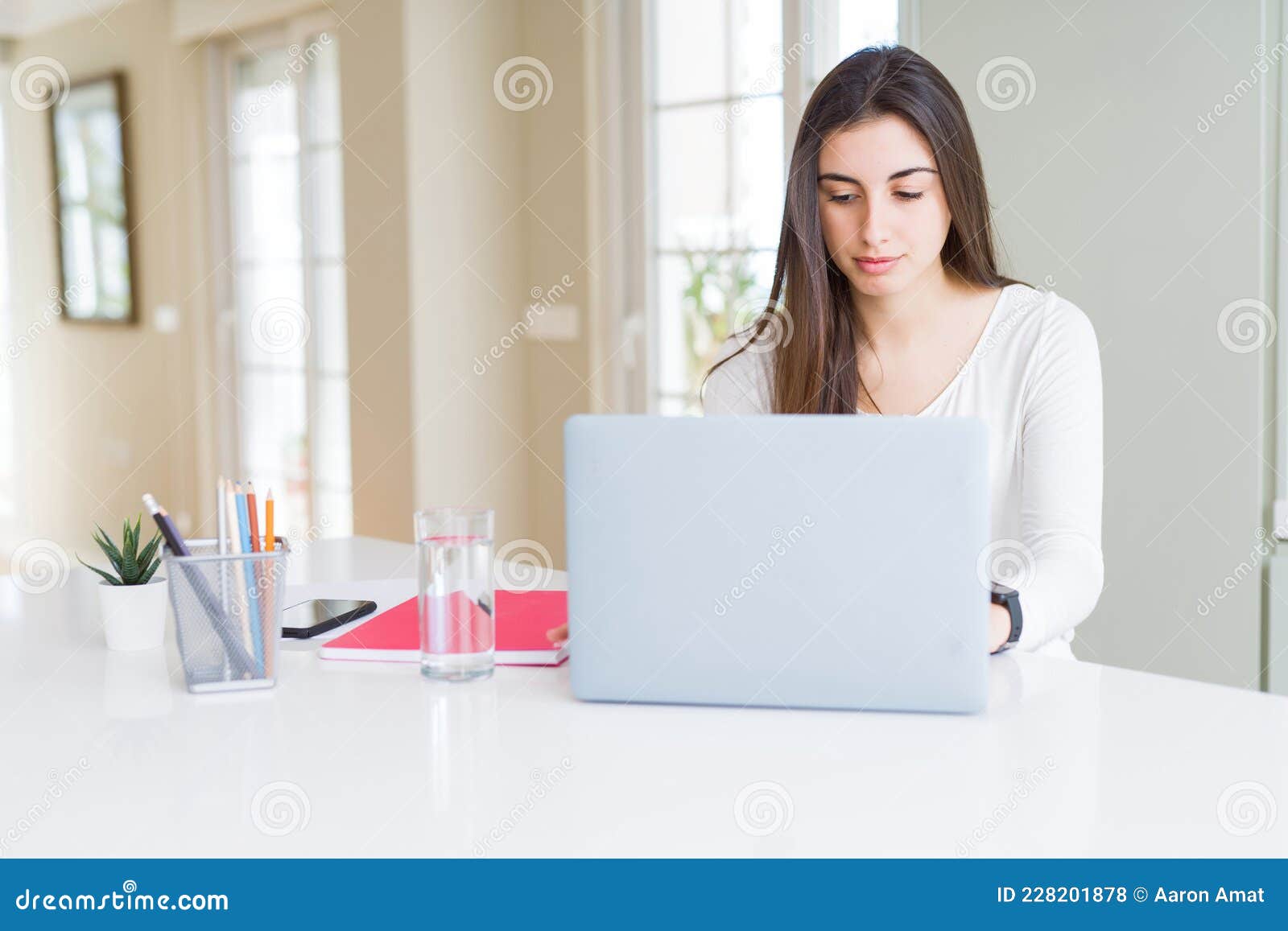 Young Beautiful Woman Concentrated Working Using Computer Laptop Stock ...
