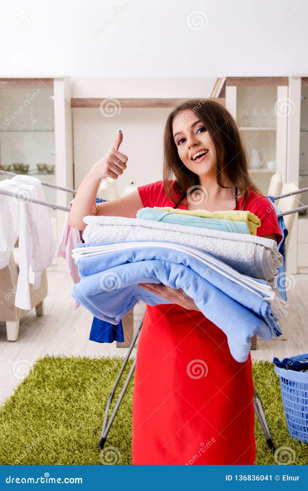 The Young Beautiful Woman Doing Laundry at Home Stock Image - Image of ...