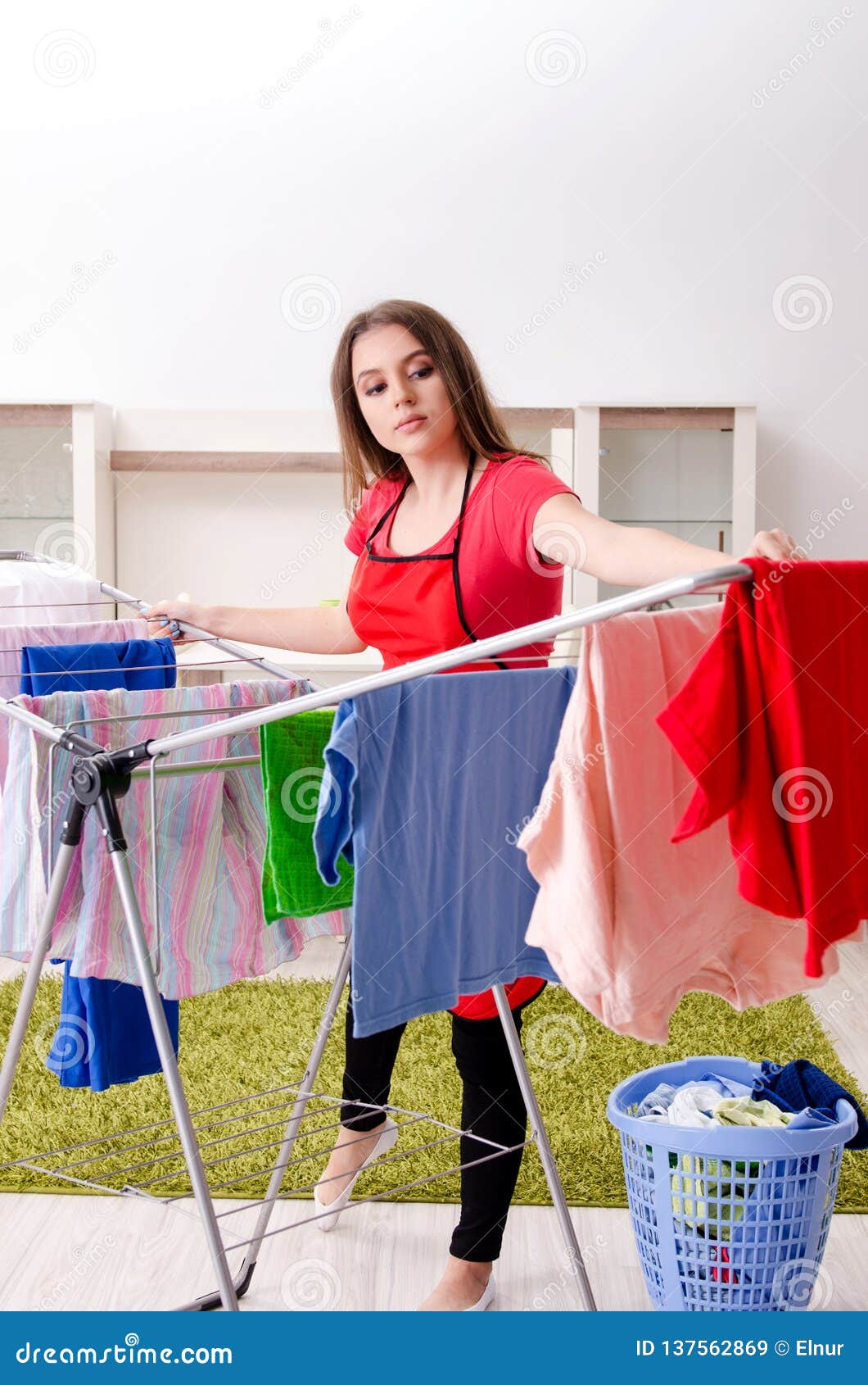 The Young Beautiful Woman Doing Laundry at Home Stock Image - Image of ...