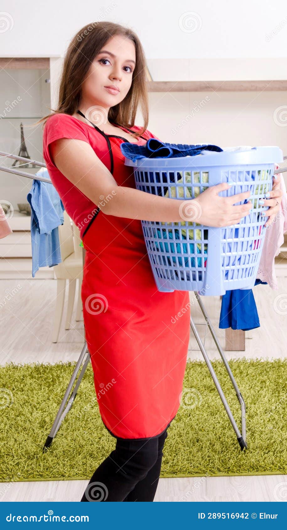 Young Beautiful Woman Doing Laundry at Home Stock Photo - Image of ...