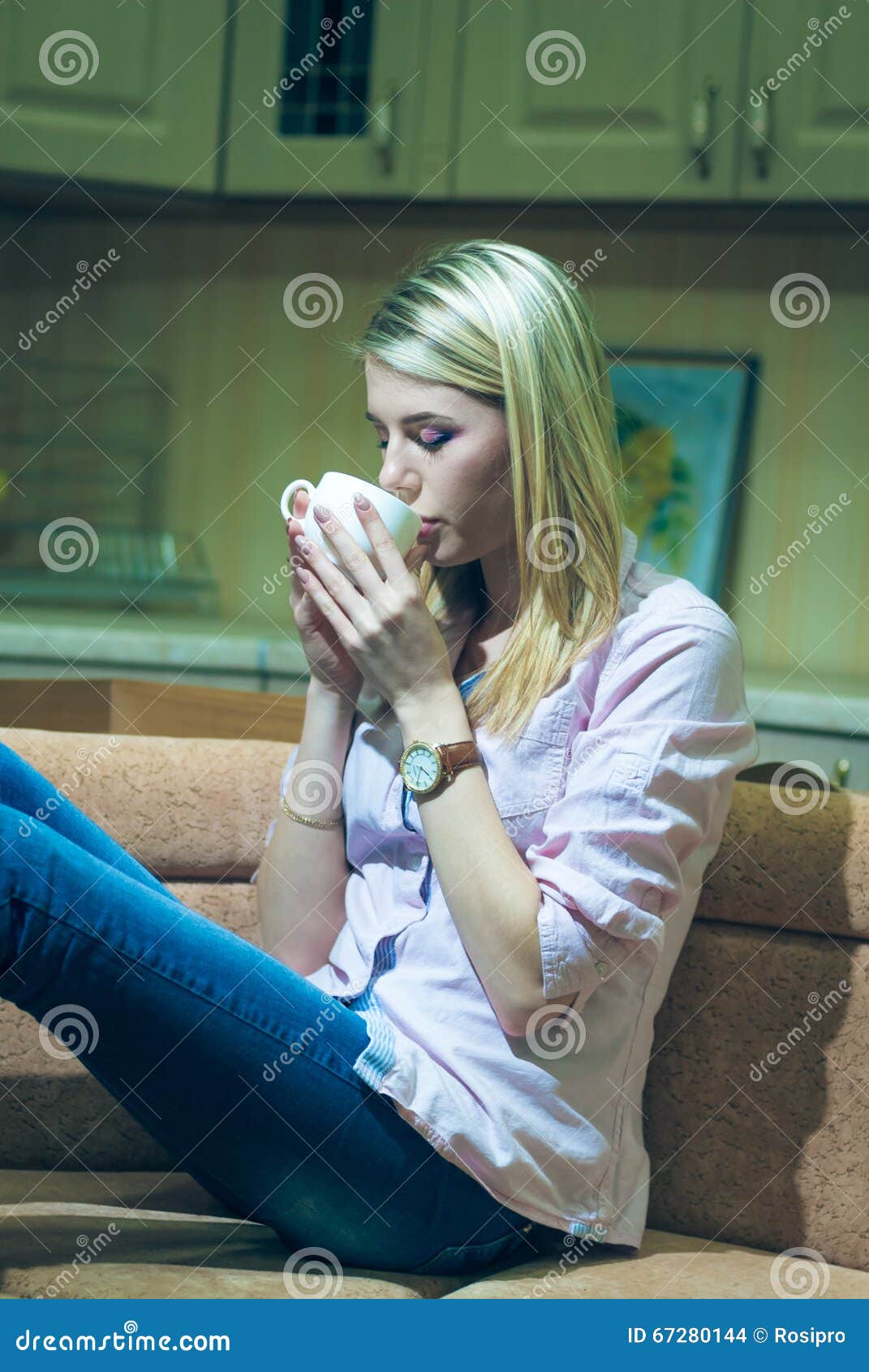 Young and Beautiful Woman Drinking Coffee at Home Stock Photo - Image ...