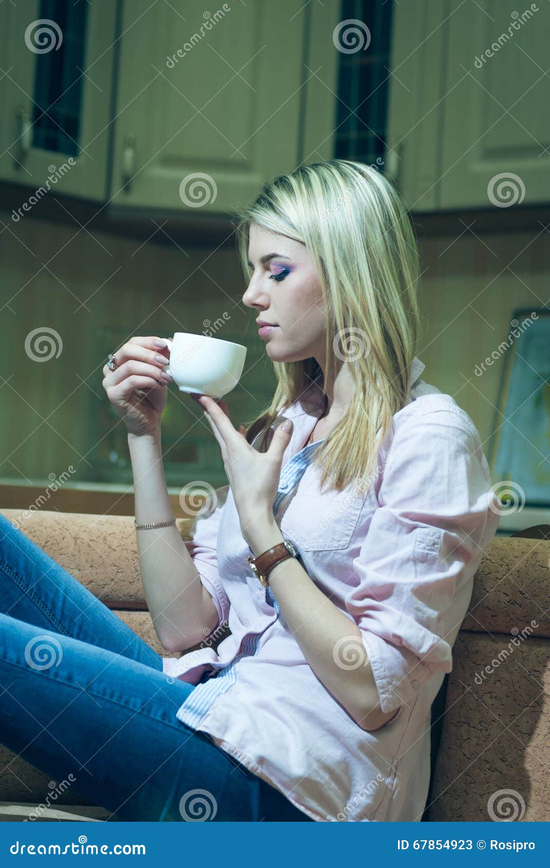 Young and Beautiful Woman Drinking Coffee at Home Stock Image - Image ...