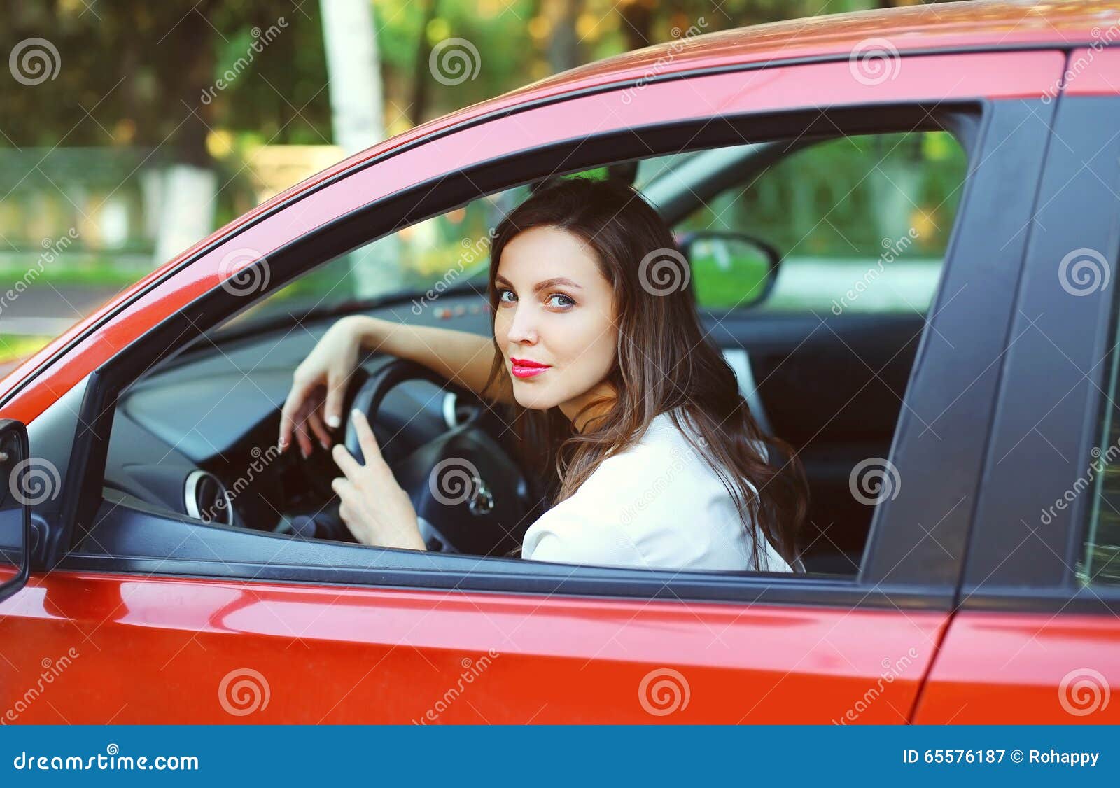 Young Beautiful Woman Driver Behind Wheel Red Car Stock Image - Image ...