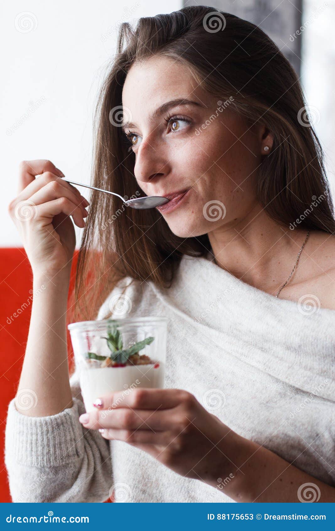 Young Beautiful Woman Eating a Dessert Stock Image - Image of kiwi ...