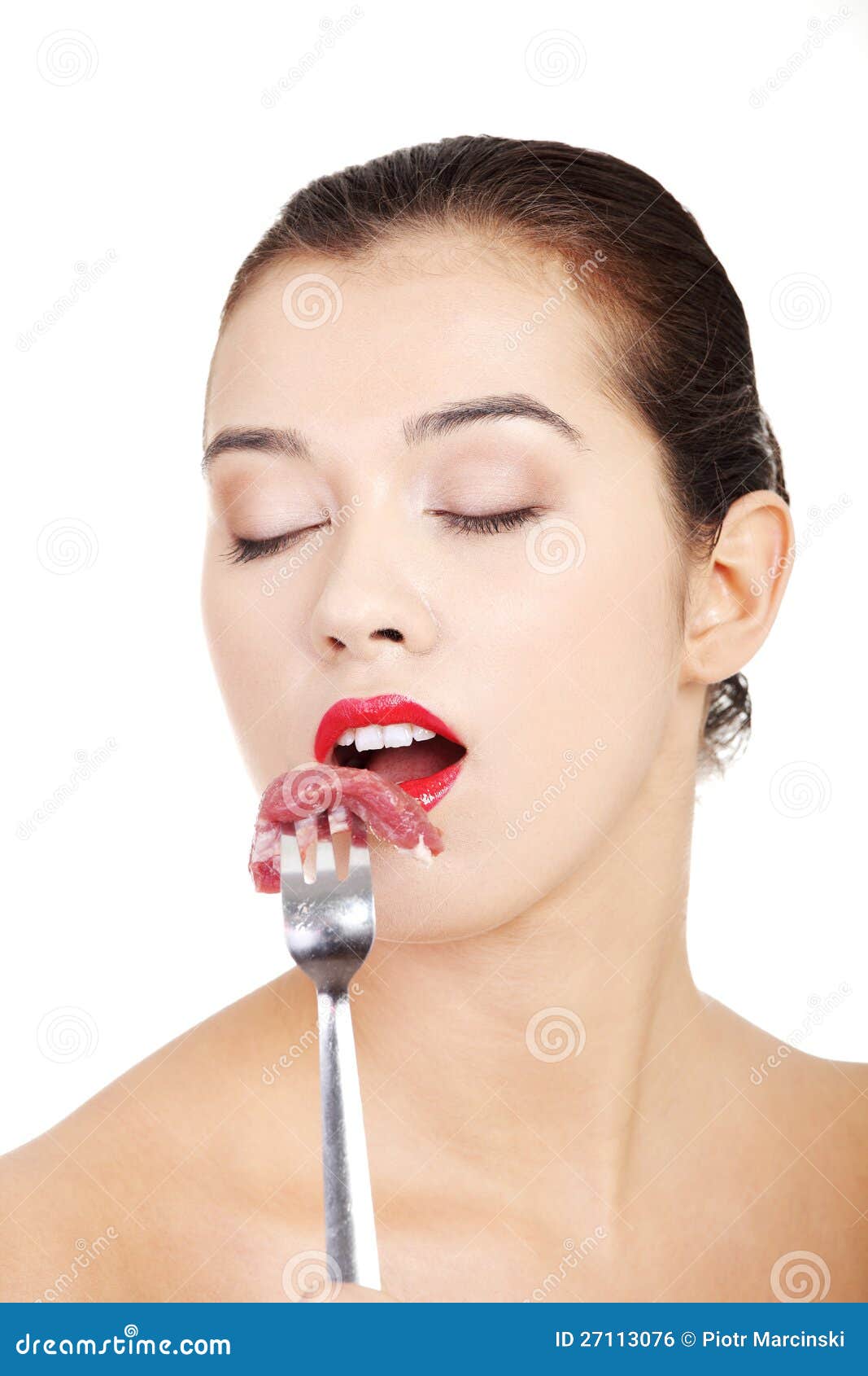 Young Beautiful Woman Eating Raw Meat Stock Photo - Image of caucasian ...