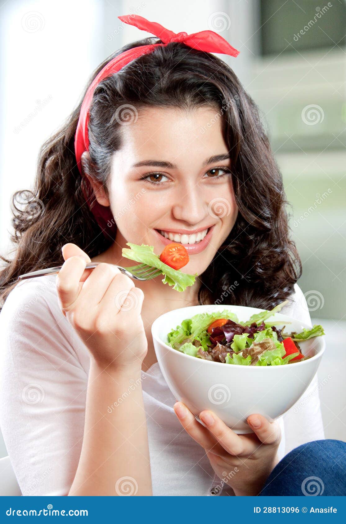 Young Beautiful Woman Eating Salad Stock Photo - Image of diet, happy ...