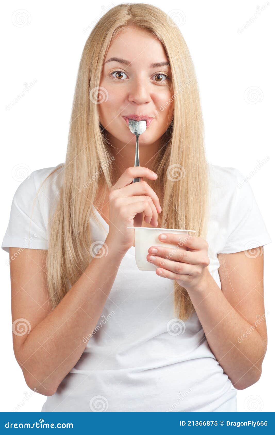 Young Beautiful Woman Eating Yogurt Stock Image - Image of beautiful ...