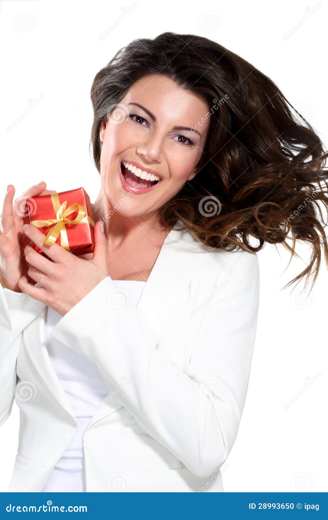 Young Beautiful Woman with a Gift Stock Photo - Image of hair, gold ...