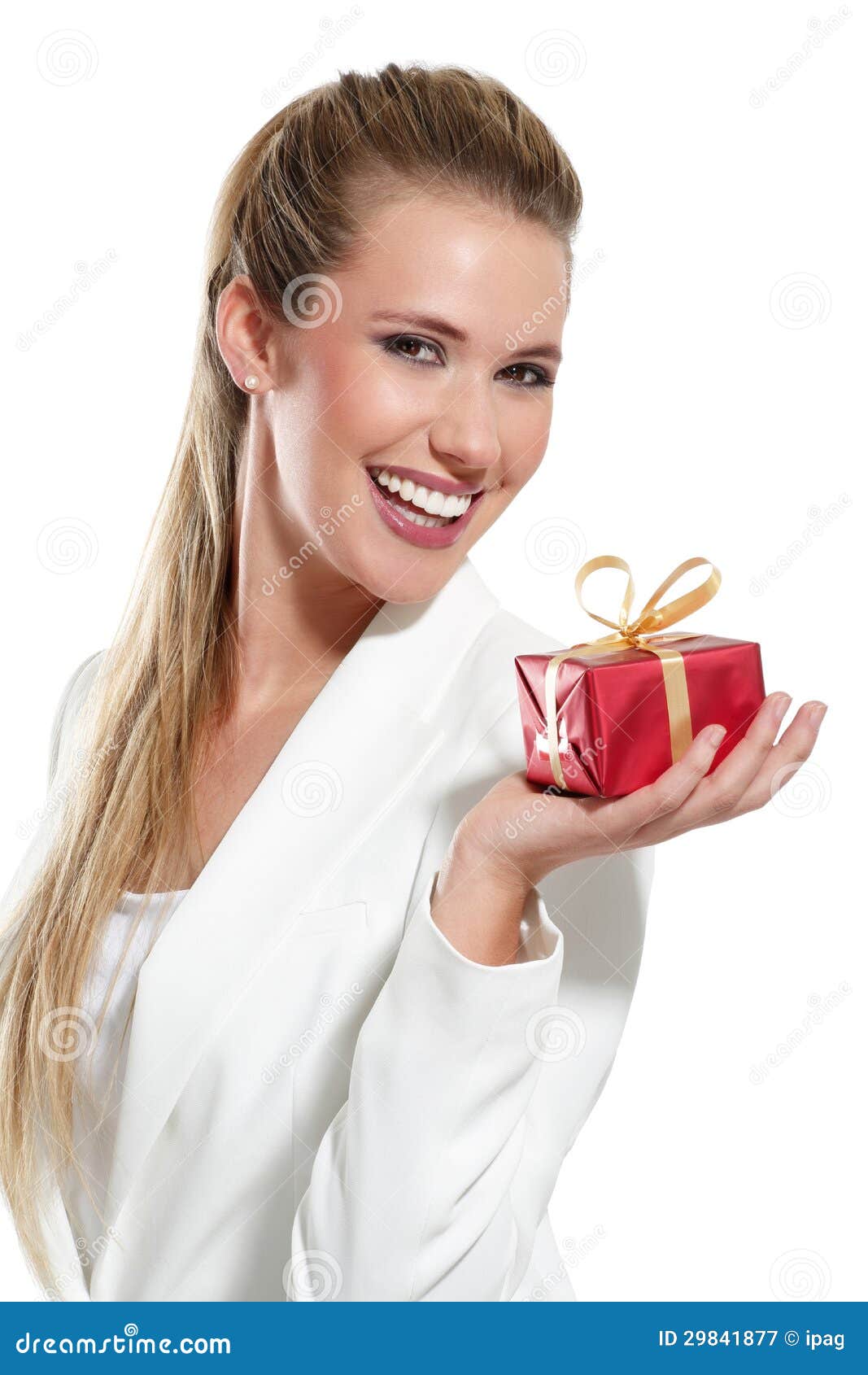 Young Beautiful Woman with a Gift Stock Image - Image of package, gold ...