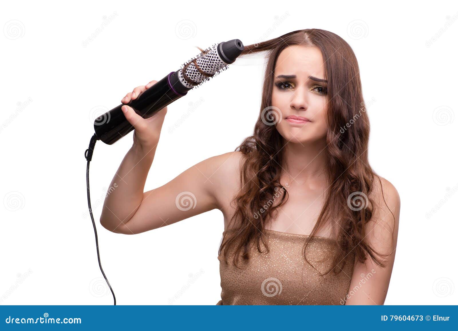 The Young Beautiful Woman With Hair Dryer Isolated On White Stock Image