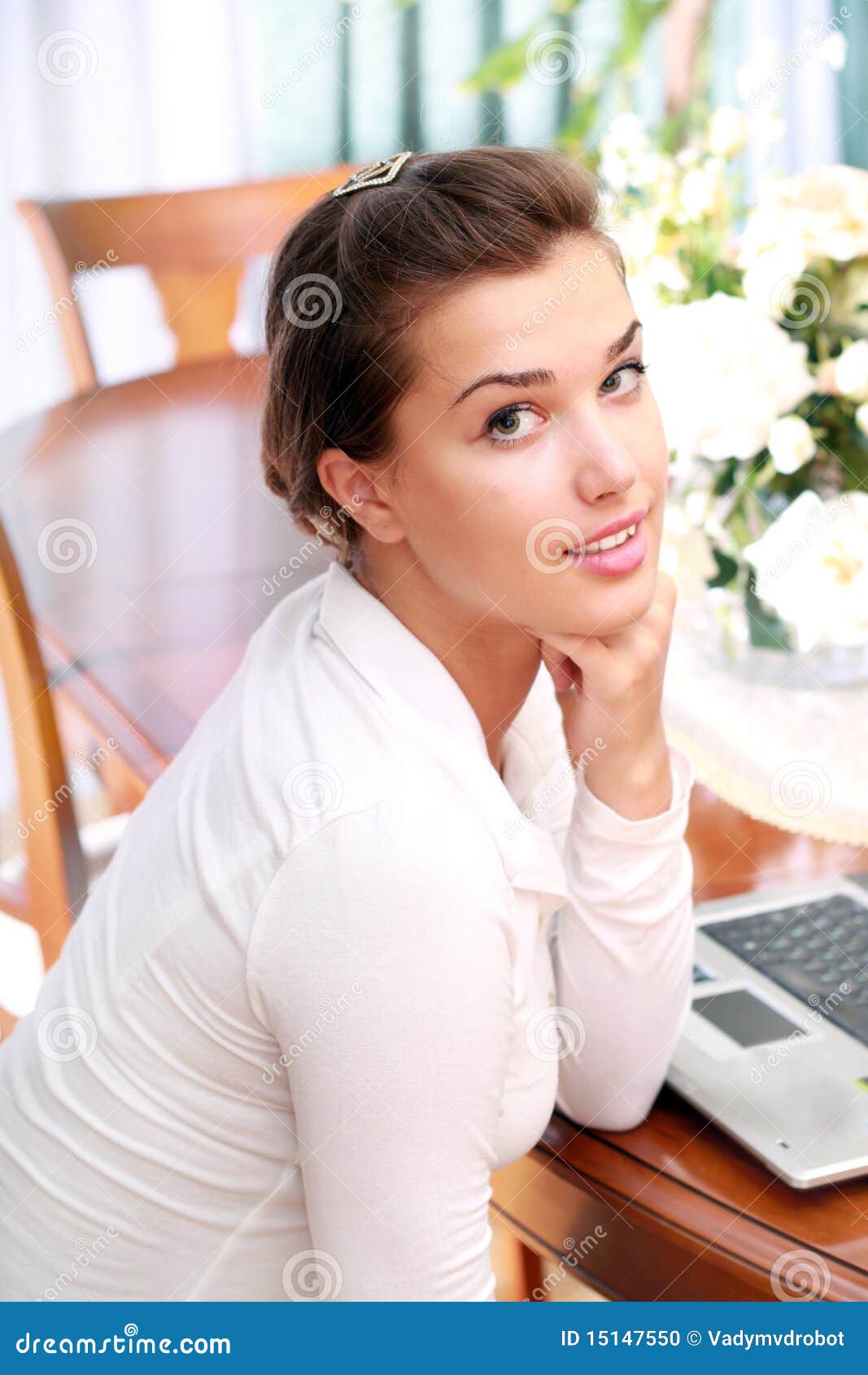Young Beautiful Woman at Home Stock Photo - Image of flowers, wood ...