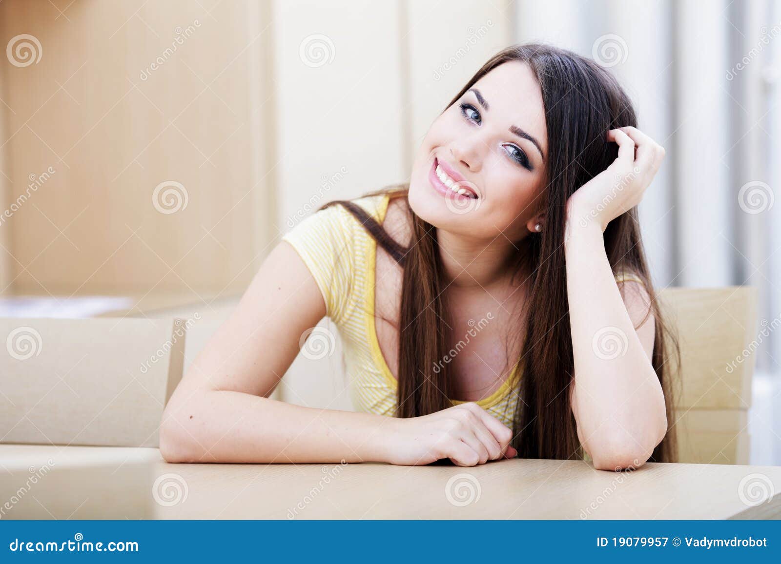 Young Beautiful Woman at Home Stock Image - Image of copy, pretty: 19079957