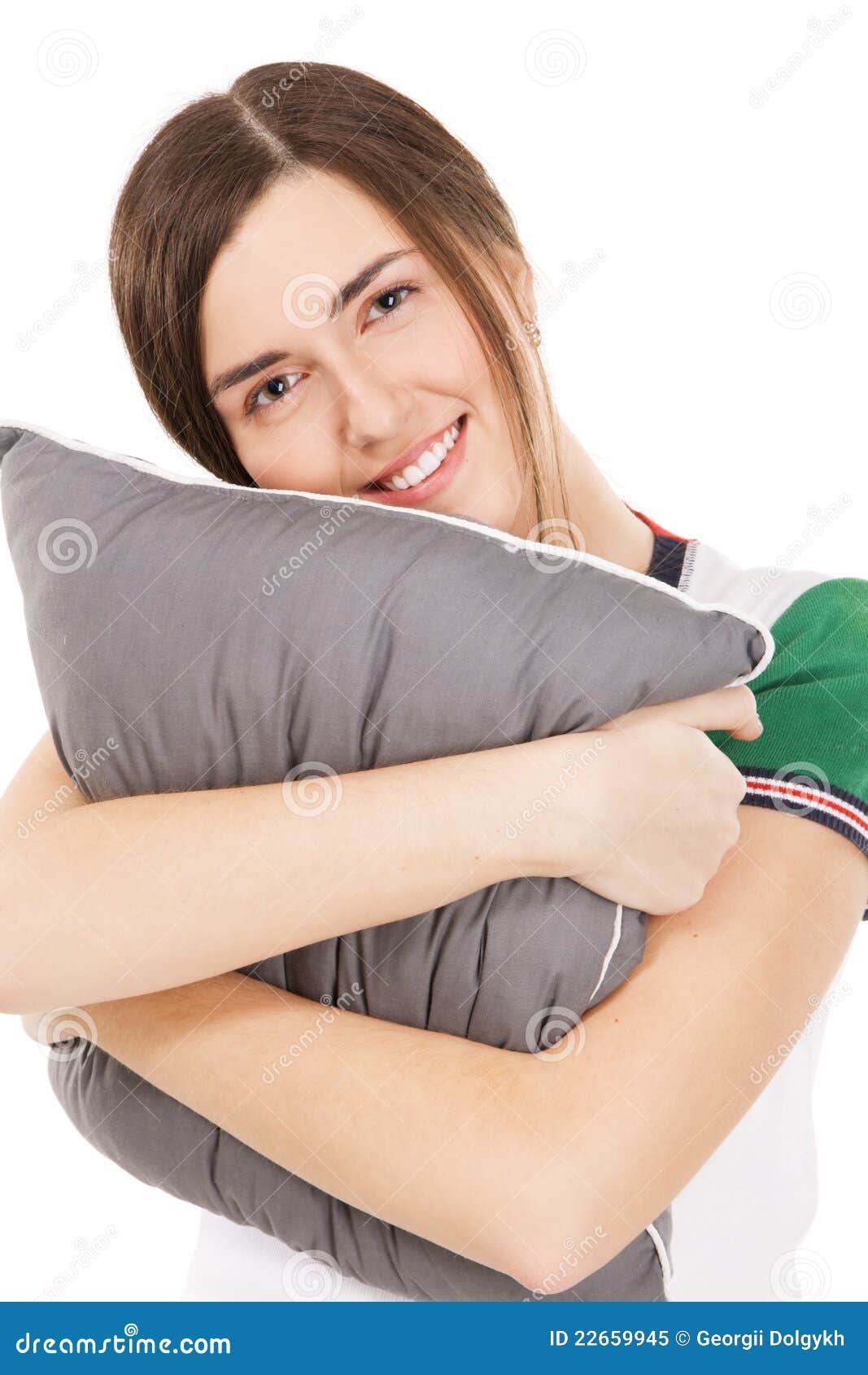 Young Beautiful Woman Hugging a Pillow Stock Image - Image of cheerful ...