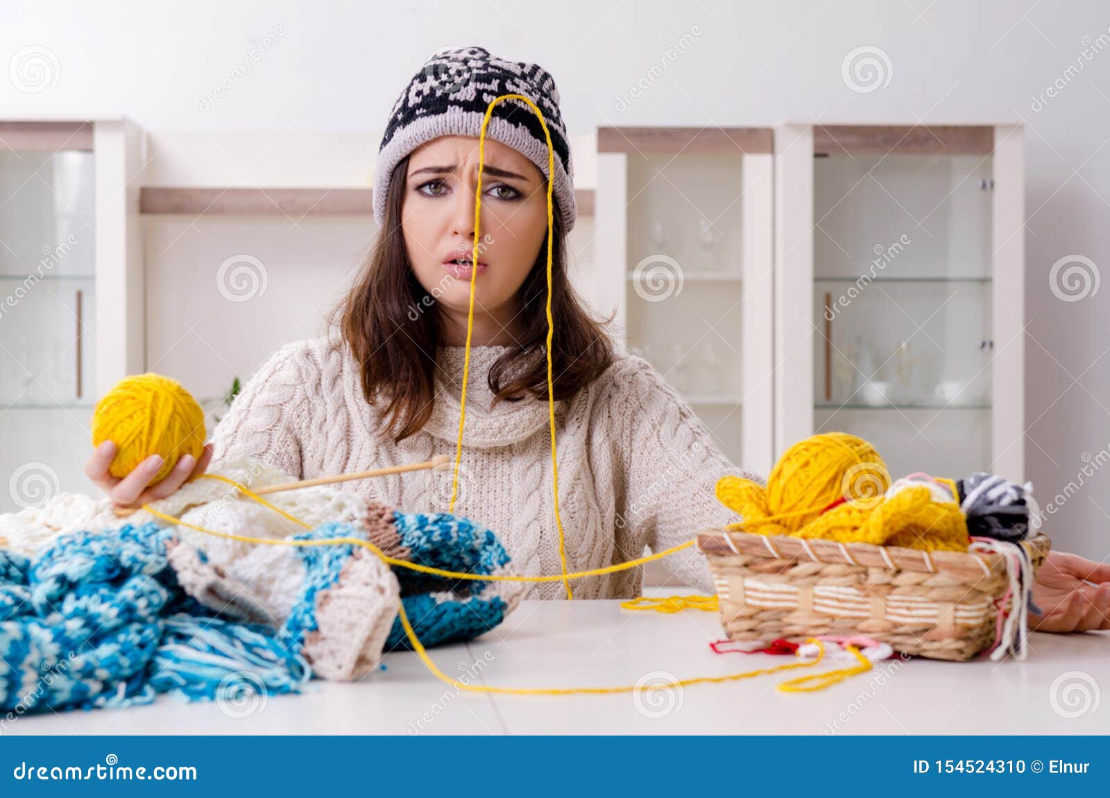 Young Beautiful Woman Knitting at Home Stock Photo - Image of home ...