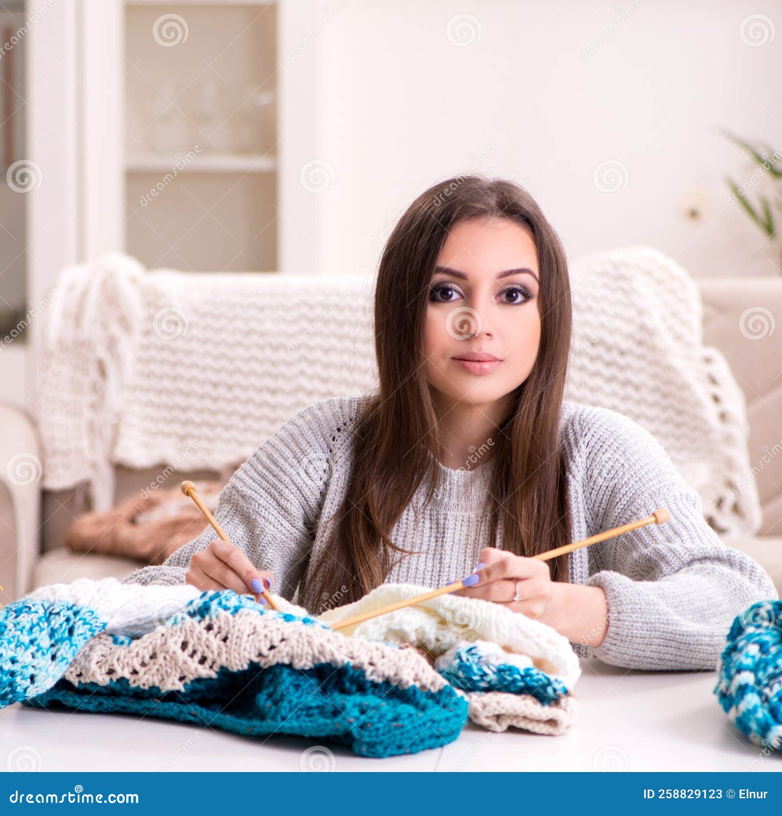 Young Beautiful Woman Knitting at Home Stock Image - Image of knitted ...
