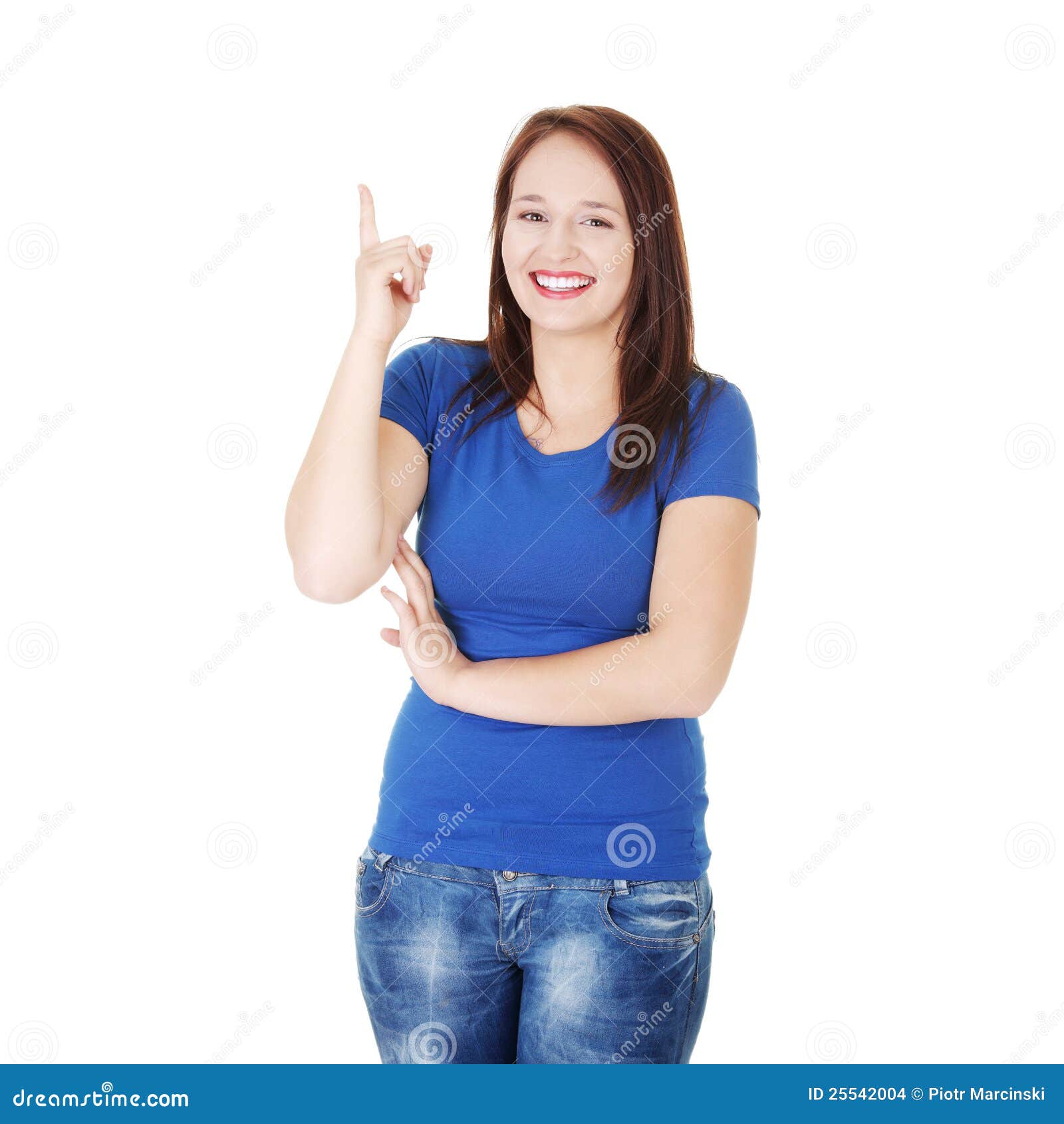 Young Beautiful Woman is Laughing and Pointing Up. Stock Photo - Image ...