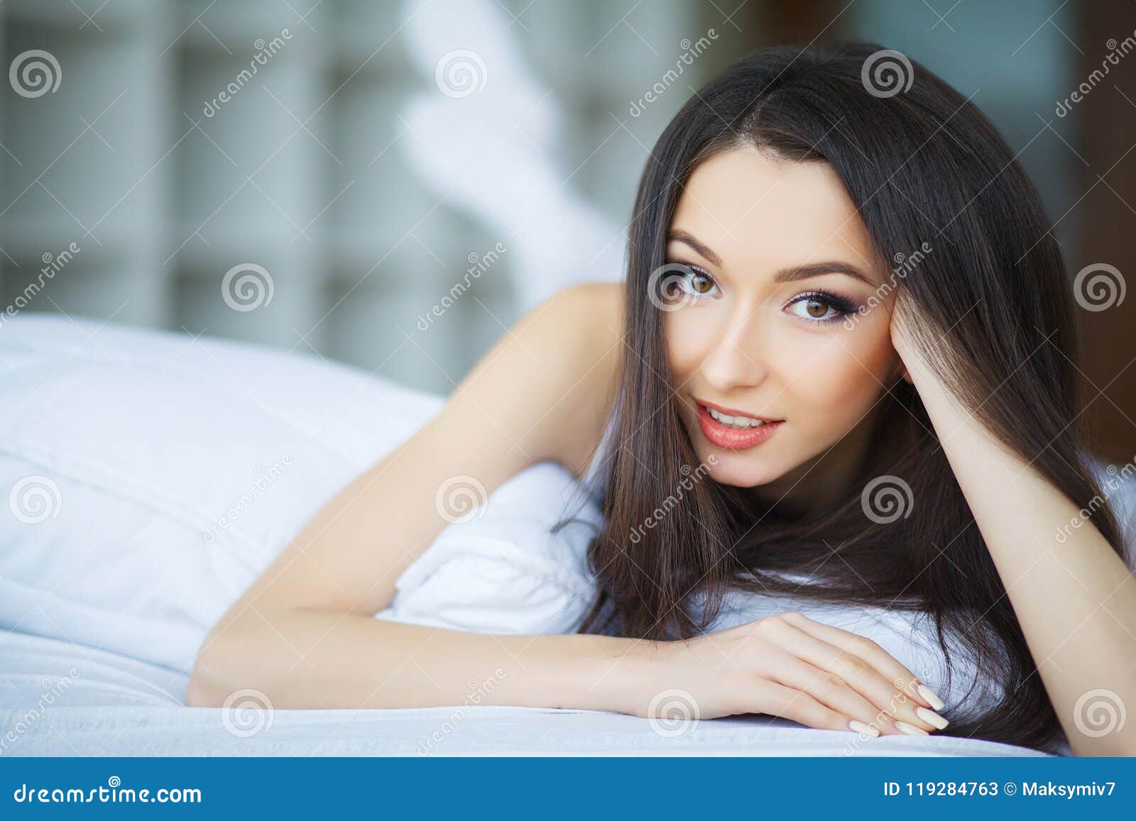 Young Beautiful Woman Lying on Bed Stock Image - Image of lazy ...