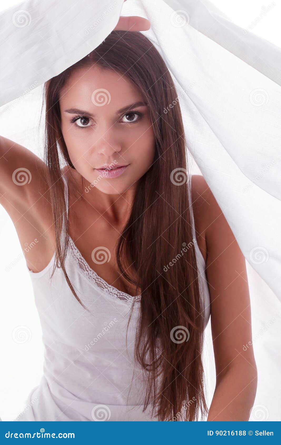 Young Beautiful Woman Lying in Bed Under Cover Stock Photo - Image of ...