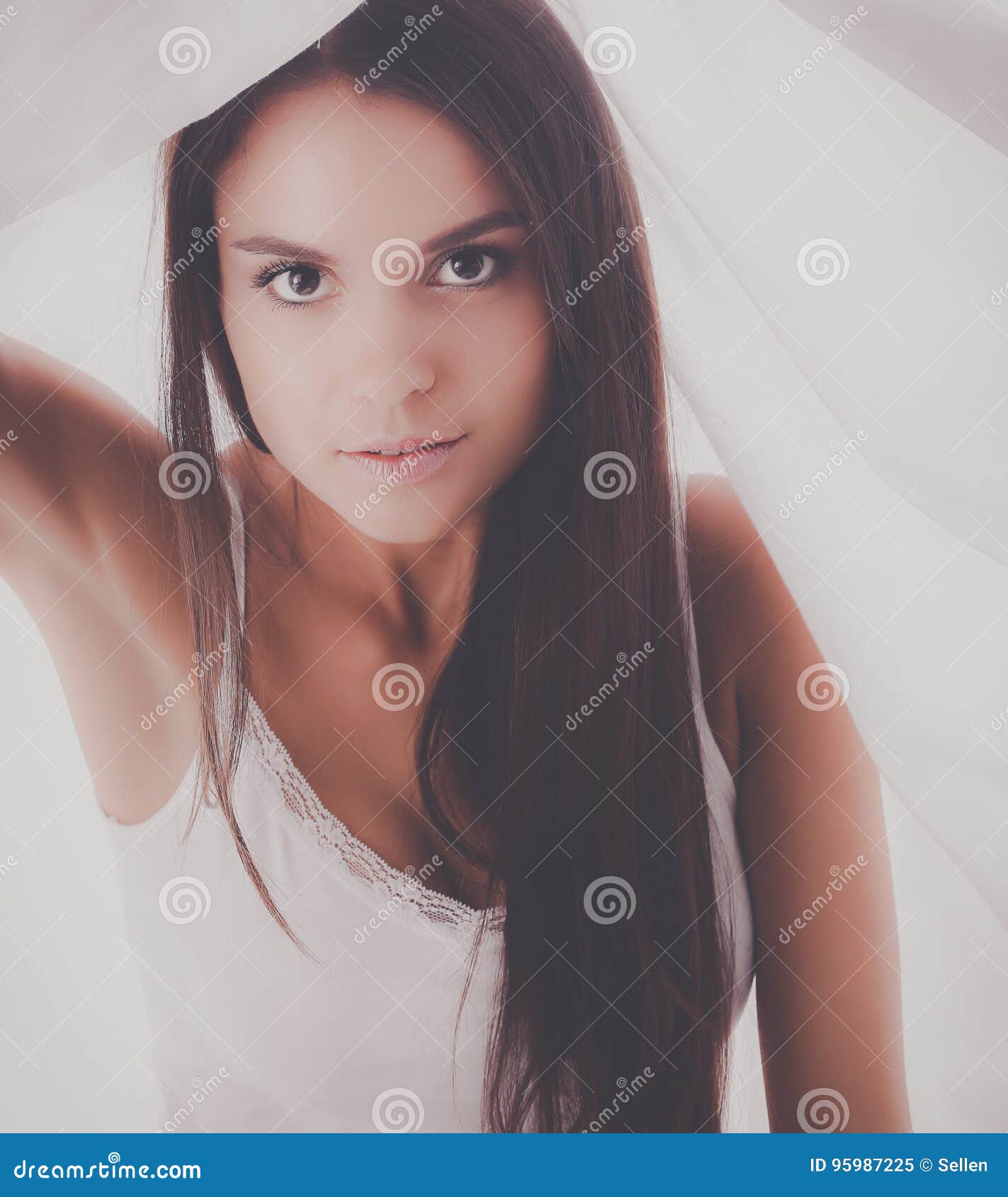Young Beautiful Woman Lying in Bed Under Cover Stock Image - Image of ...